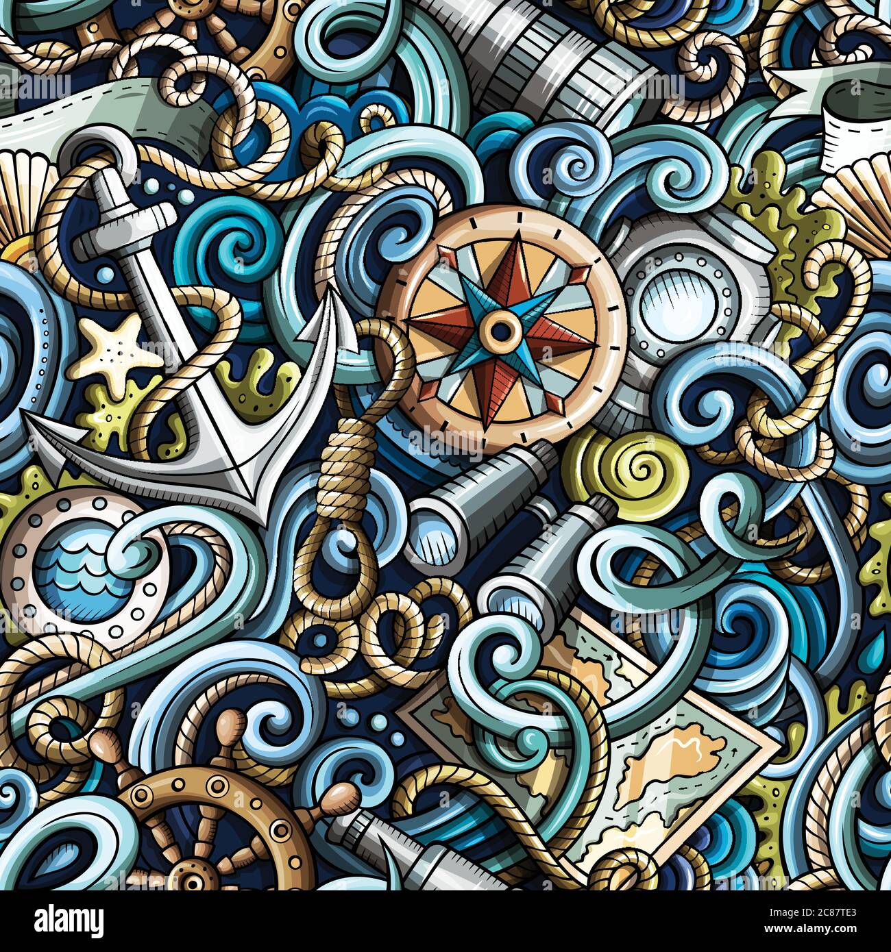 Cartoon hand-drawn nautical doodles seamless pattern Stock Vector Image ...