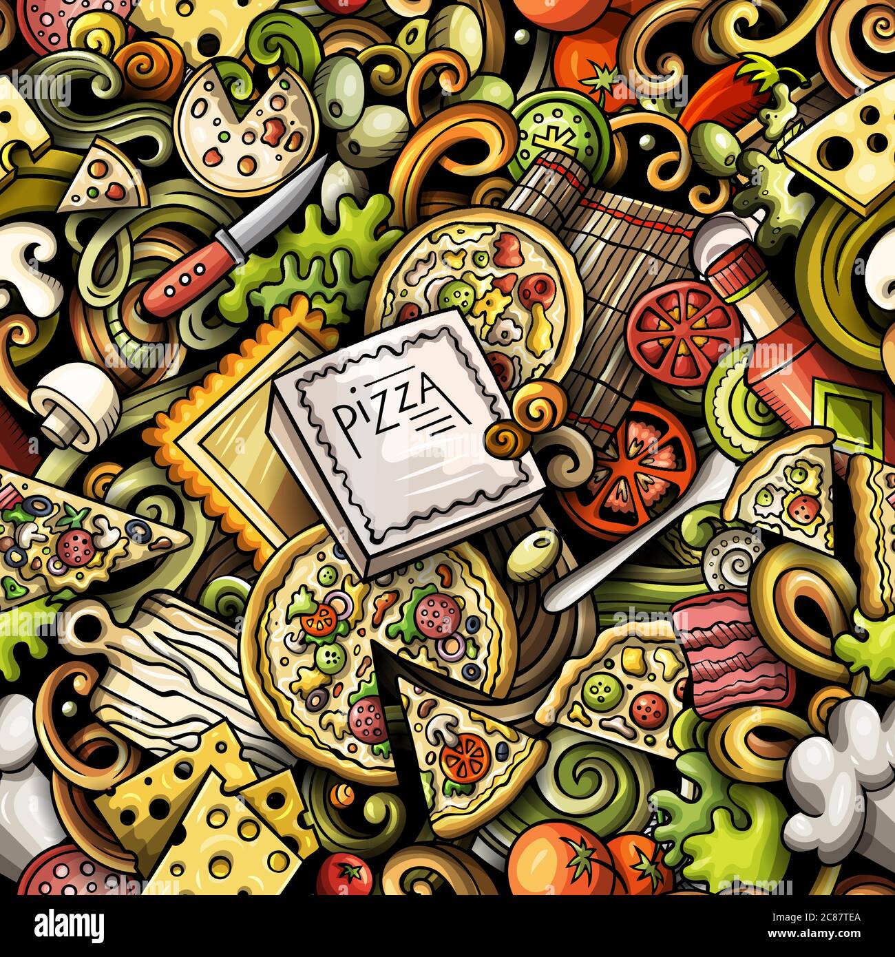Cartoon cute doodles hand drawn Pizza seamless pattern Stock Vector ...