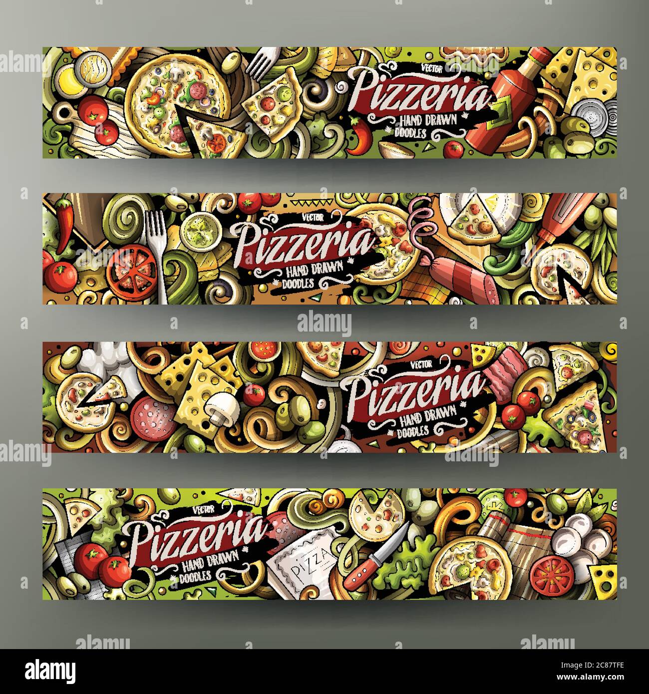 Cartoon cute colorful vector hand drawn doodles Pizzeria banners Stock ...