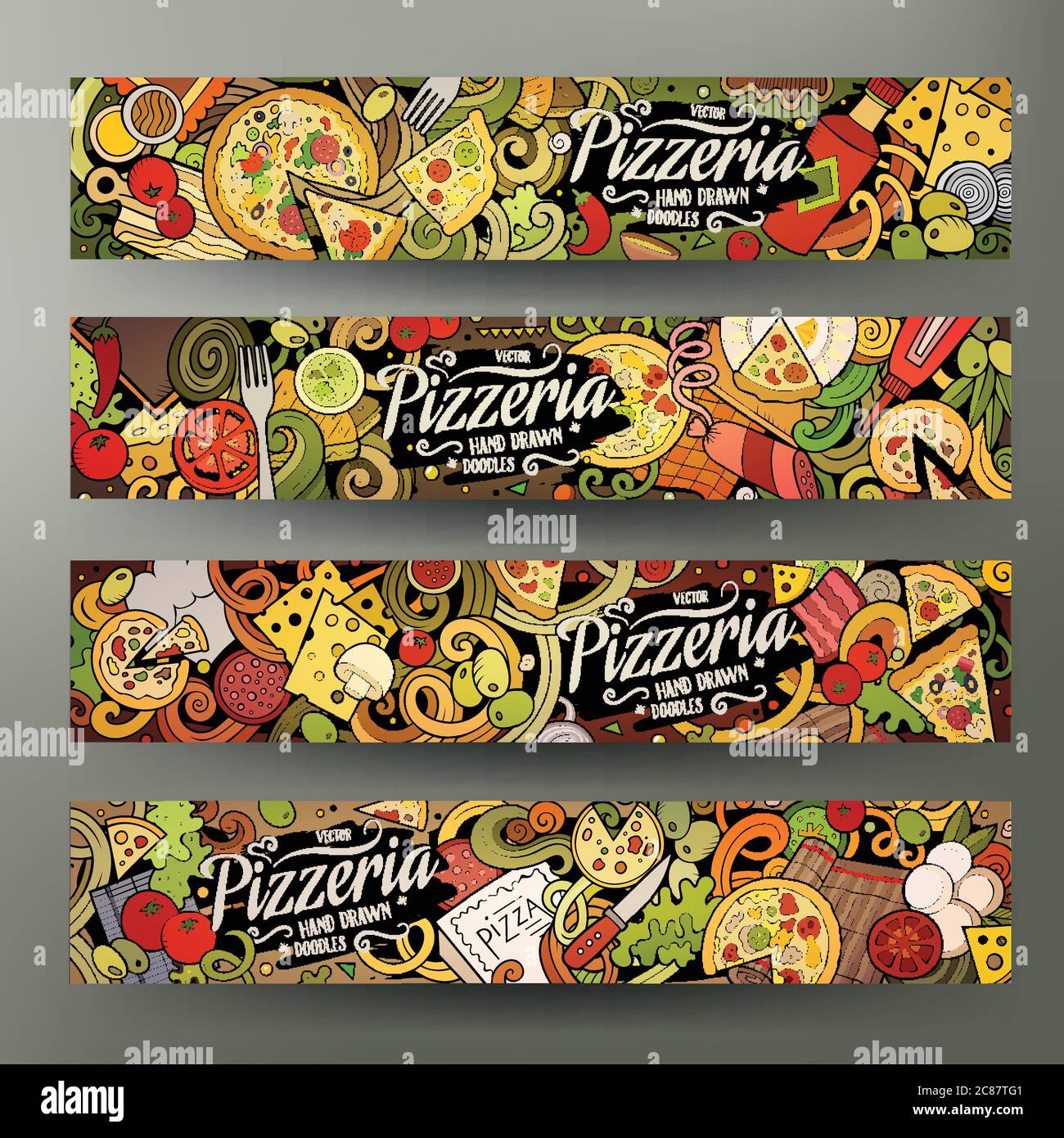Cartoon cute colorful vector hand drawn doodles Pizzeria banners Stock ...
