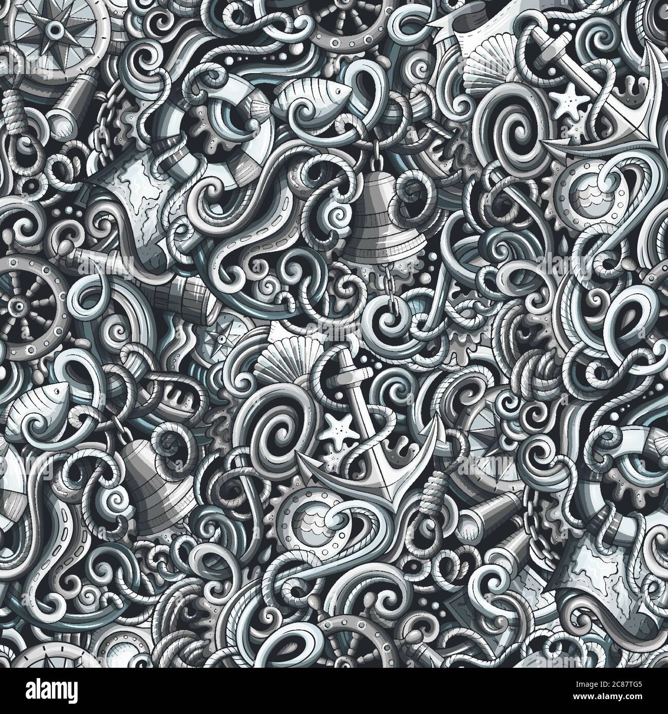 Cartoon hand-drawn nautical doodles seamless pattern Stock Vector Image & Art - Alamy