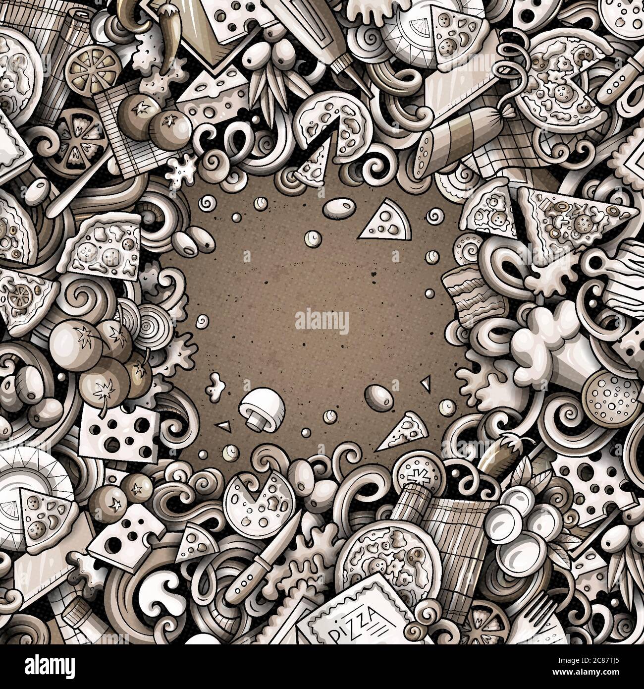 Cartoon vector doodles Pizza frame. Graphics pizzeria funny border ...