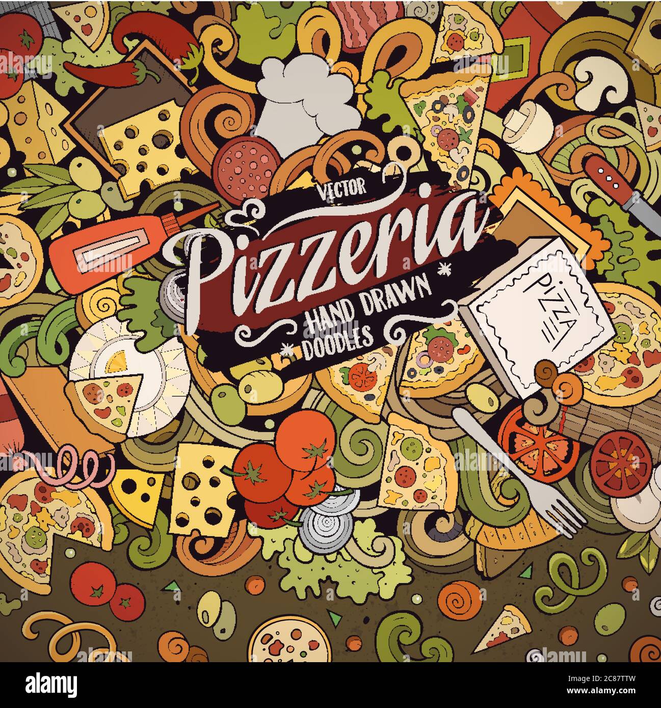 Cartoon vector doodles Pizza frame. Bright colors pizzeria funny border ...
