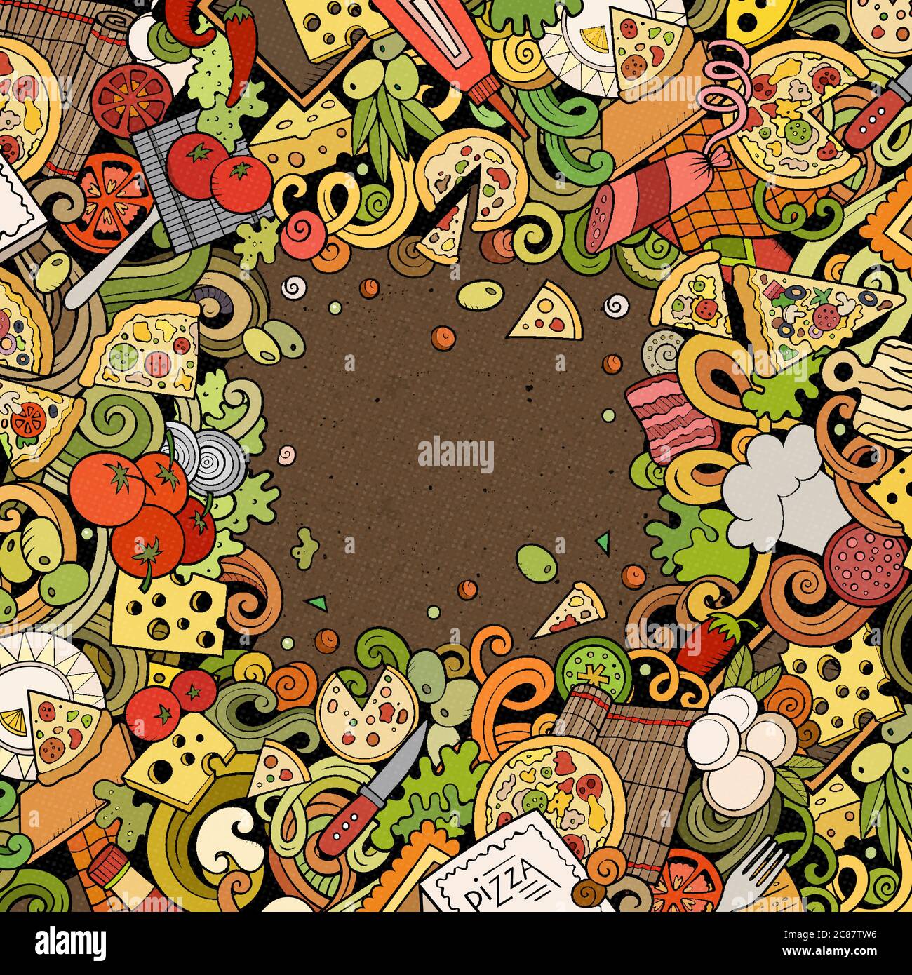 Cartoon vector doodles Pizza frame. Bright colors pizzeria funny border ...