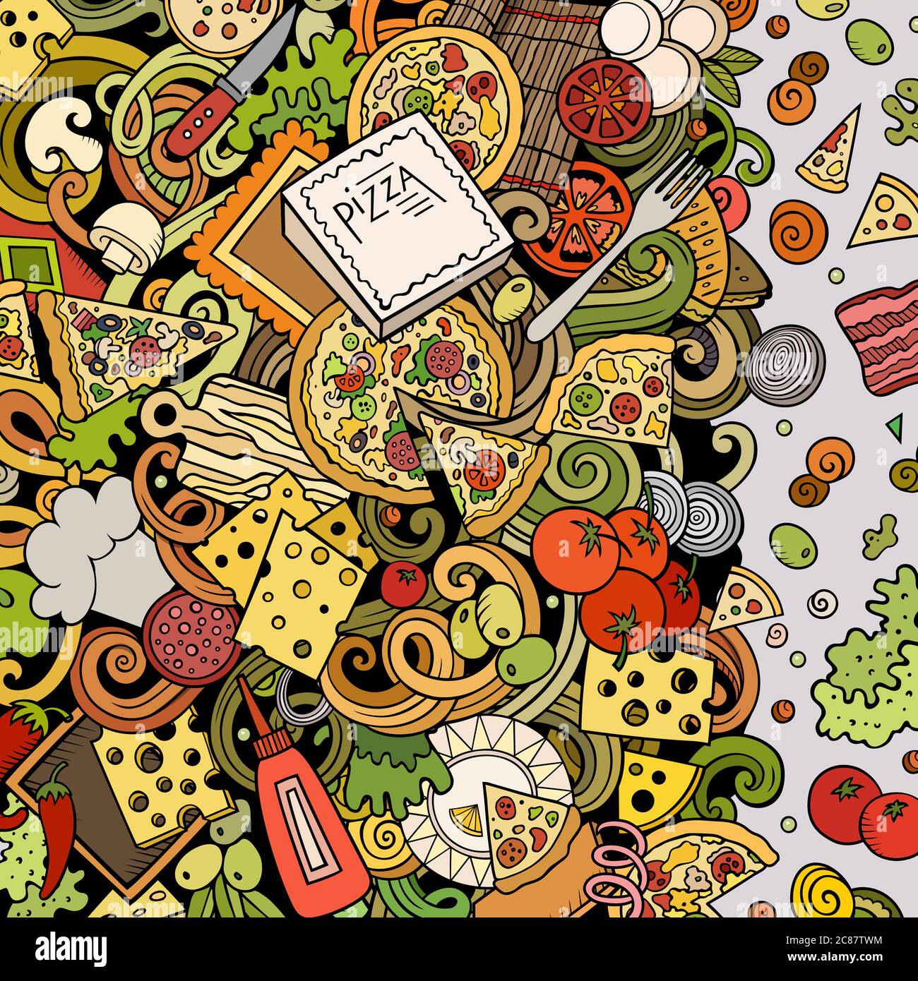 Cartoon vector doodles Pizza frame. Bright colors pizzeria funny border ...