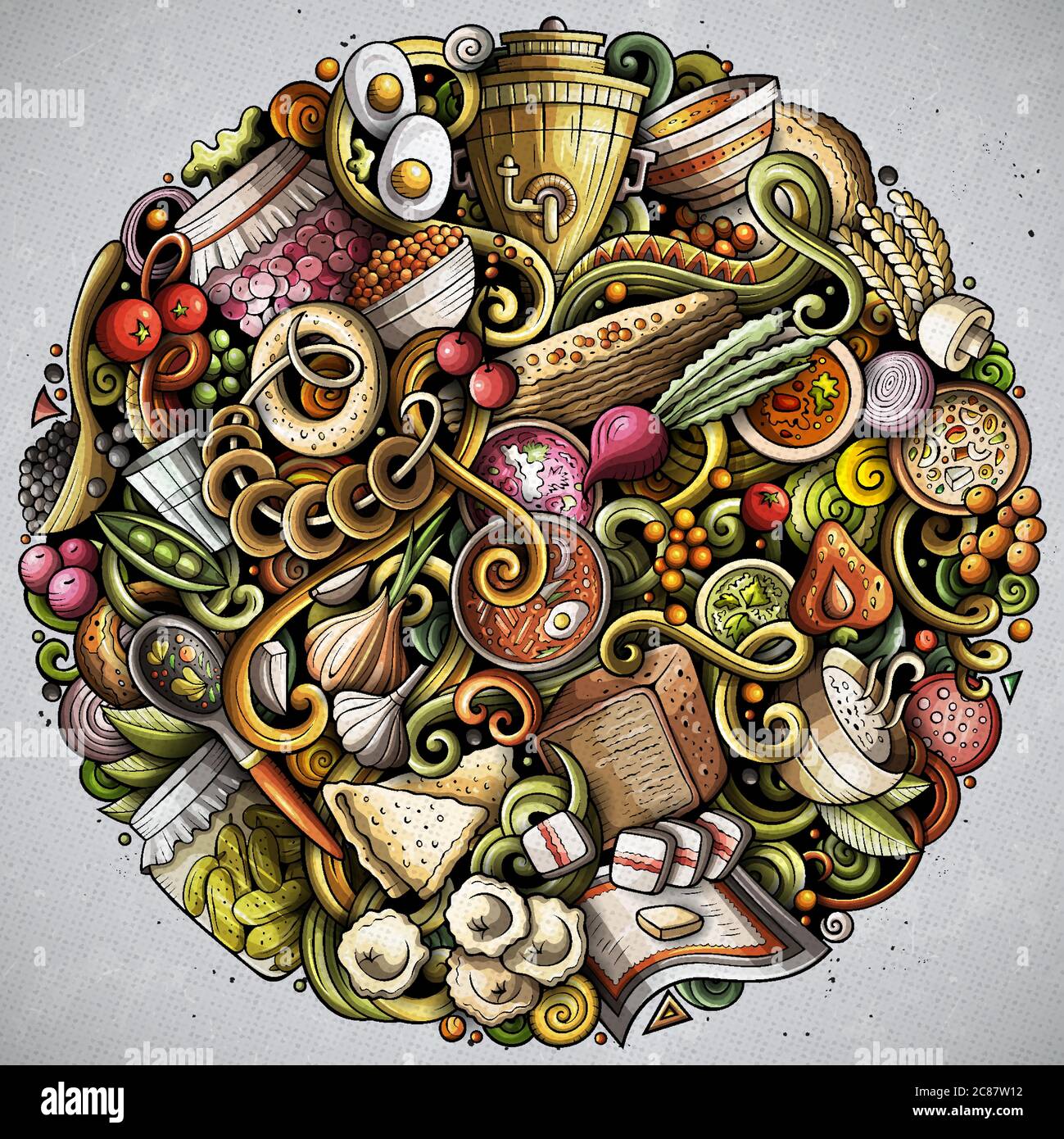 Russian food hand drawn vector doodles round illustration. Russia ...