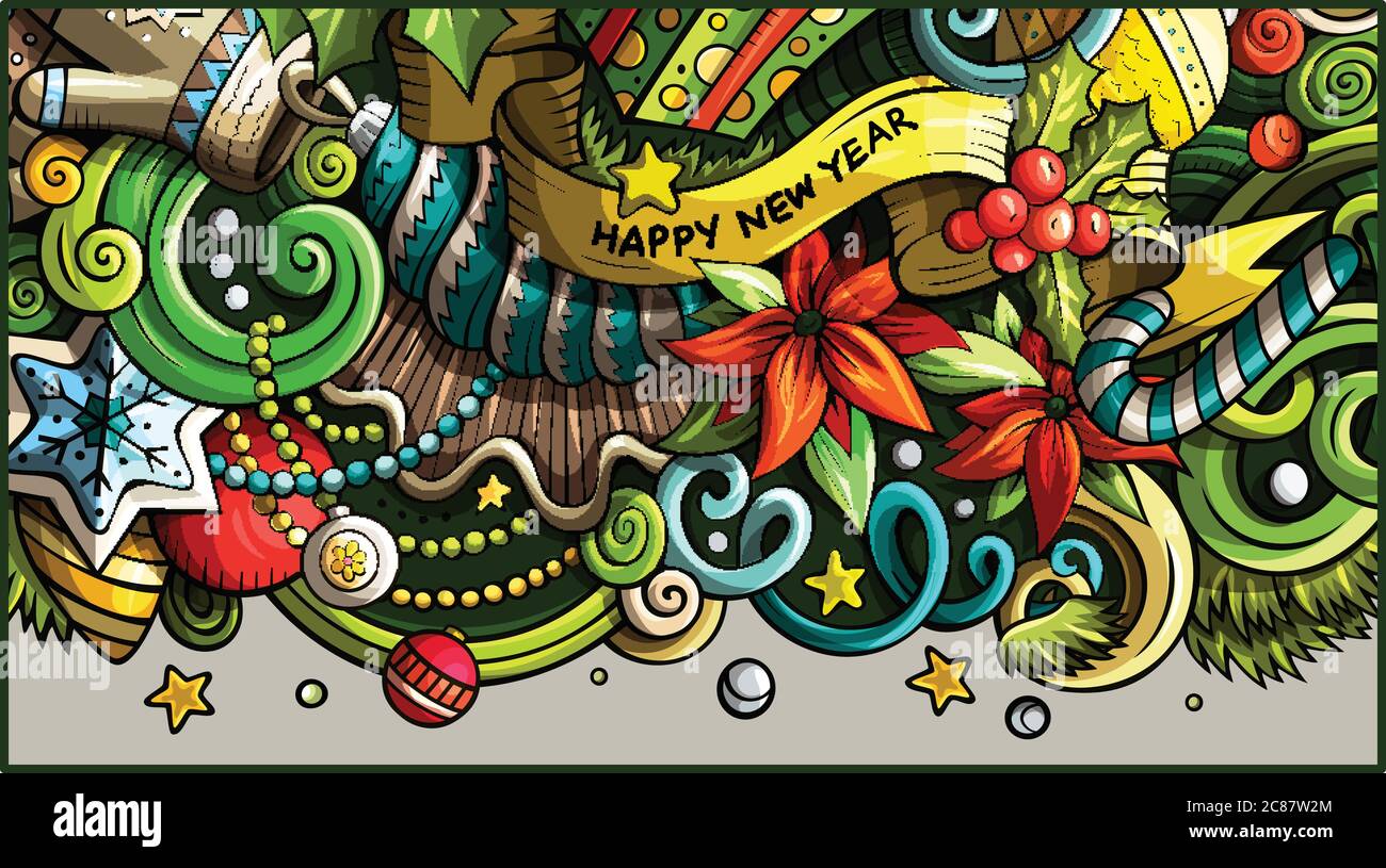 New Year hand drawn doodle banner. Cartoon detailed flyer Stock Vector ...