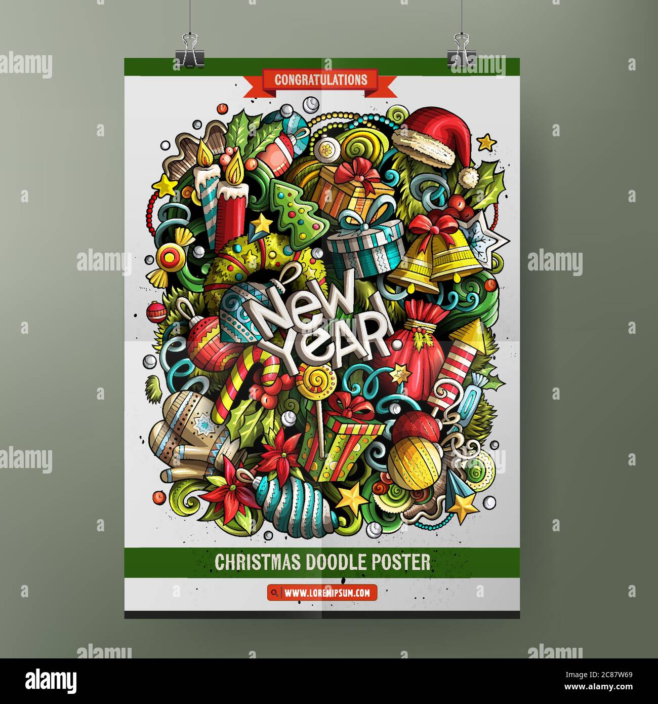 Cartoon doodles Happy New Year poster template Stock Vector Image & Art ...