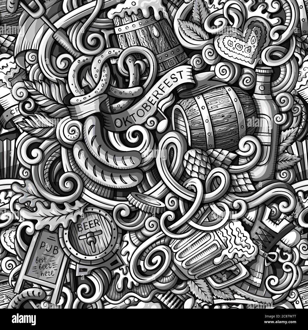 Cartoon cute doodles Octoberfest seamless pattern Stock Vector Image ...