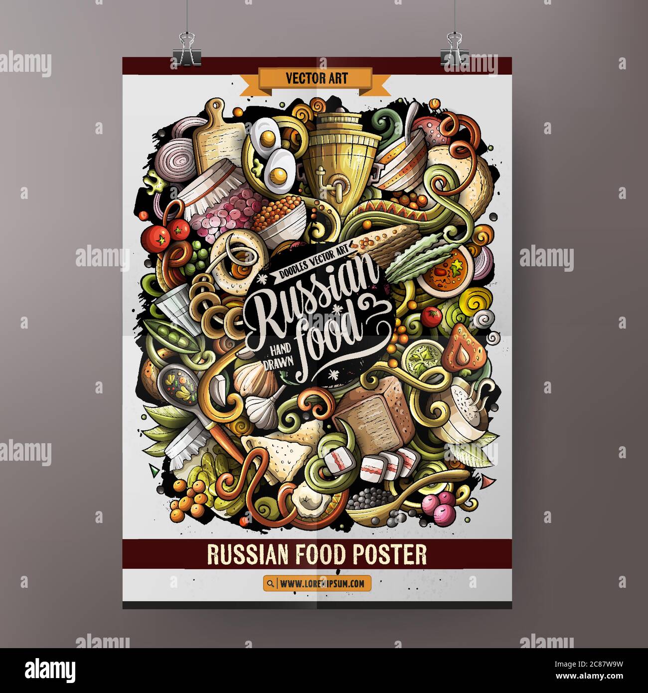 Cartoon hand drawn doodles Russian food poster design Stock Vector ...