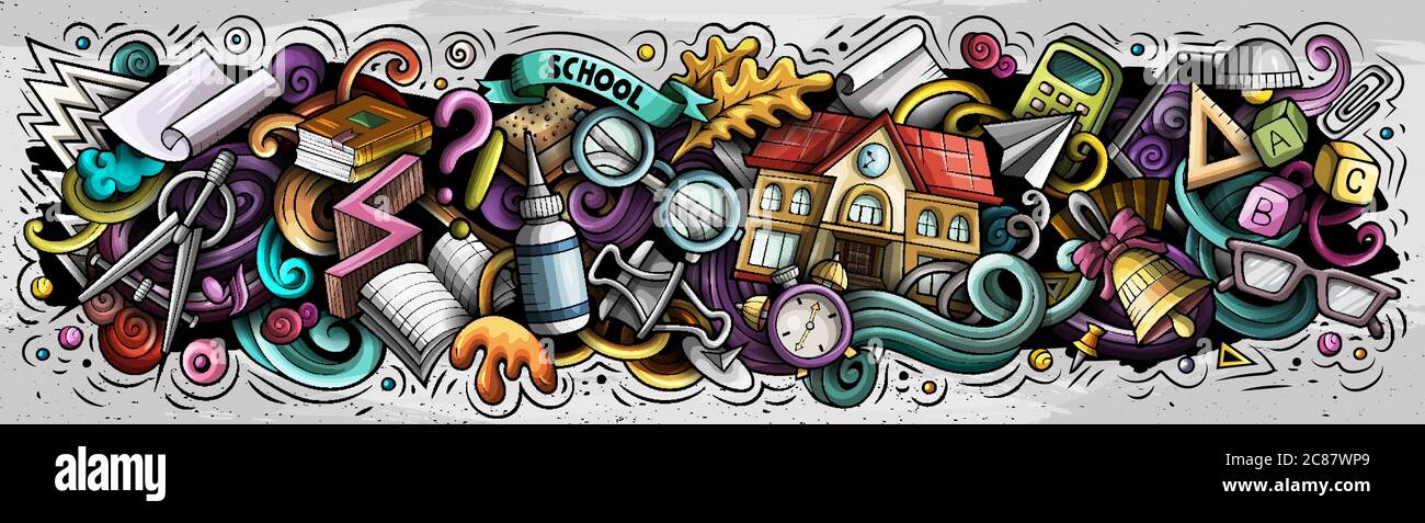 Cartoon cute doodles School banner design. Colorful illustration Stock ...