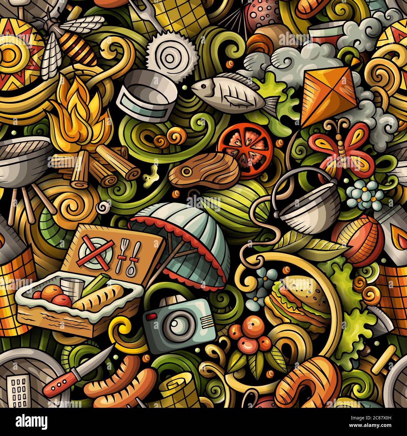Picnic hand drawn doodles seamless pattern. BBQ background Stock Vector ...