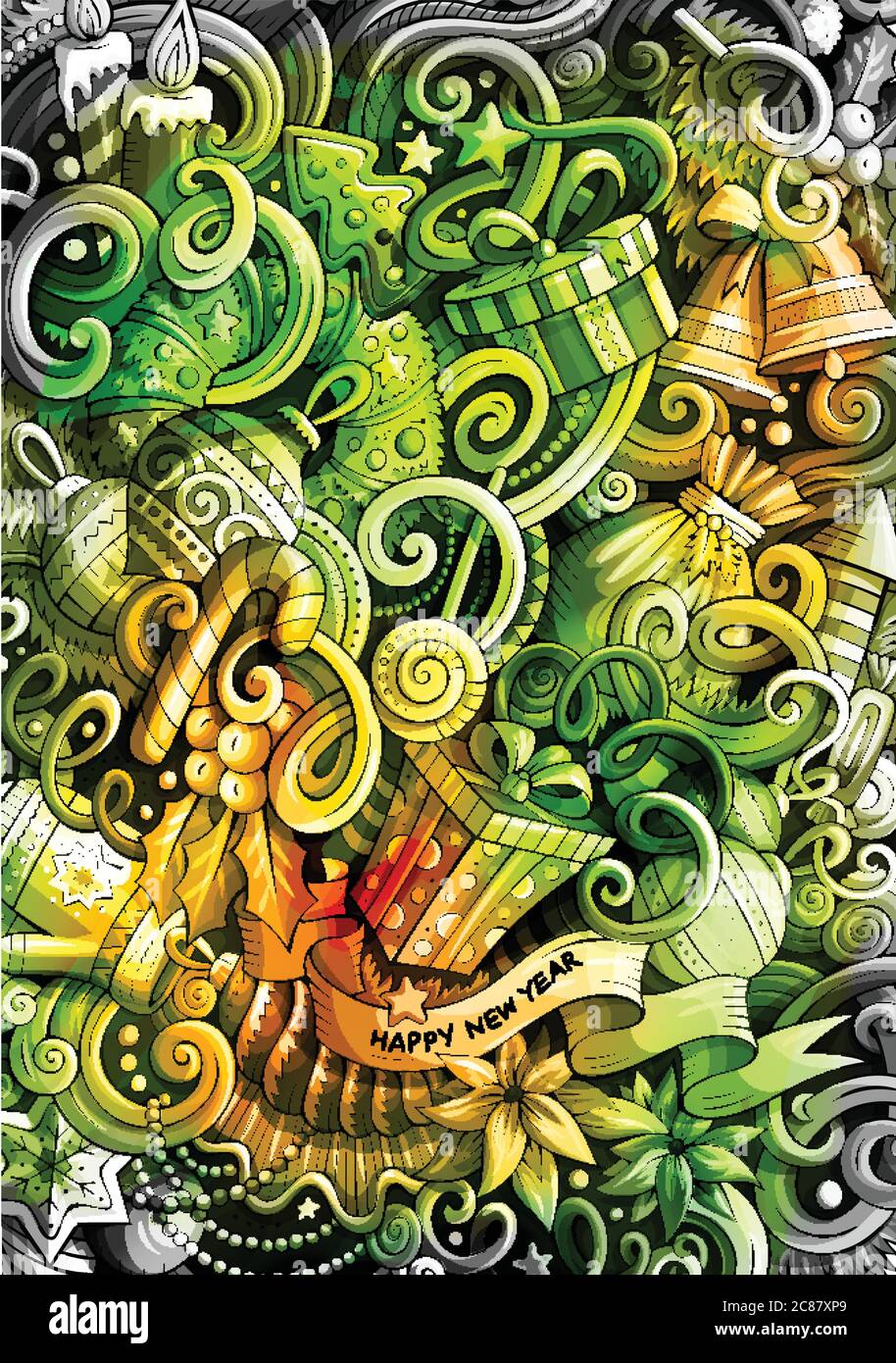 New Year hand drawn doodle banner. Cartoon detailed flyer Stock Vector ...