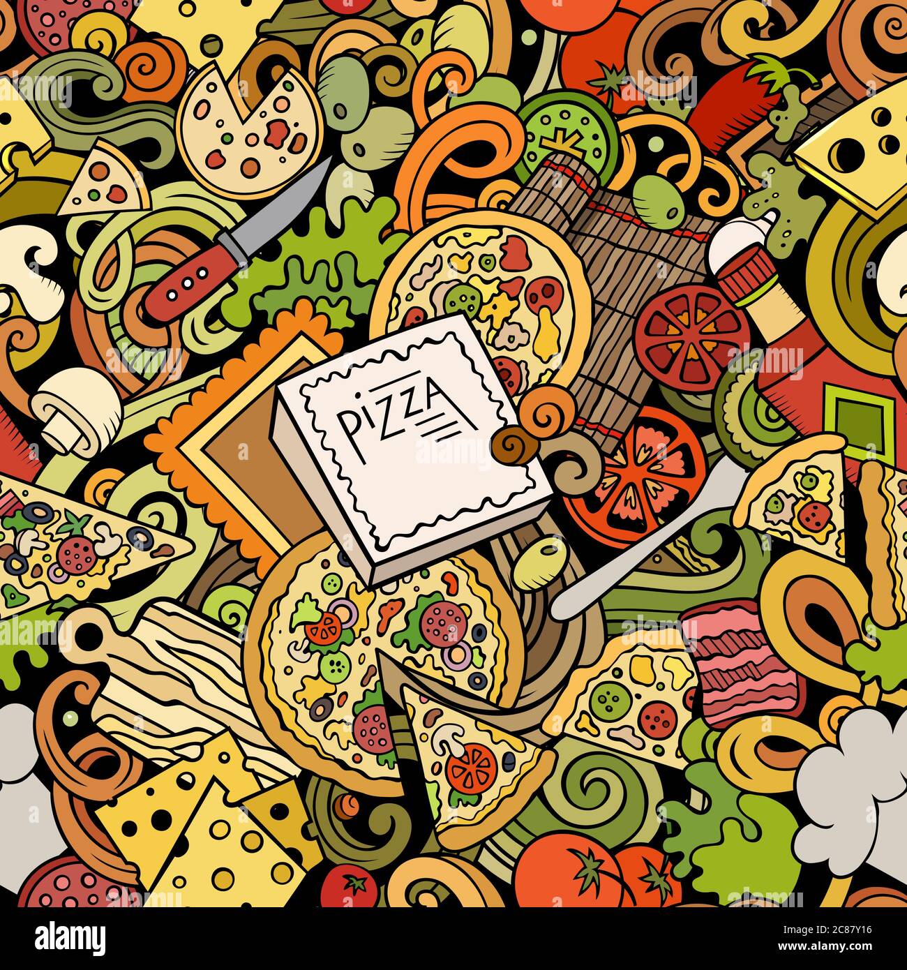 Cartoon cute doodles hand drawn Pizza seamless pattern Stock Vector ...