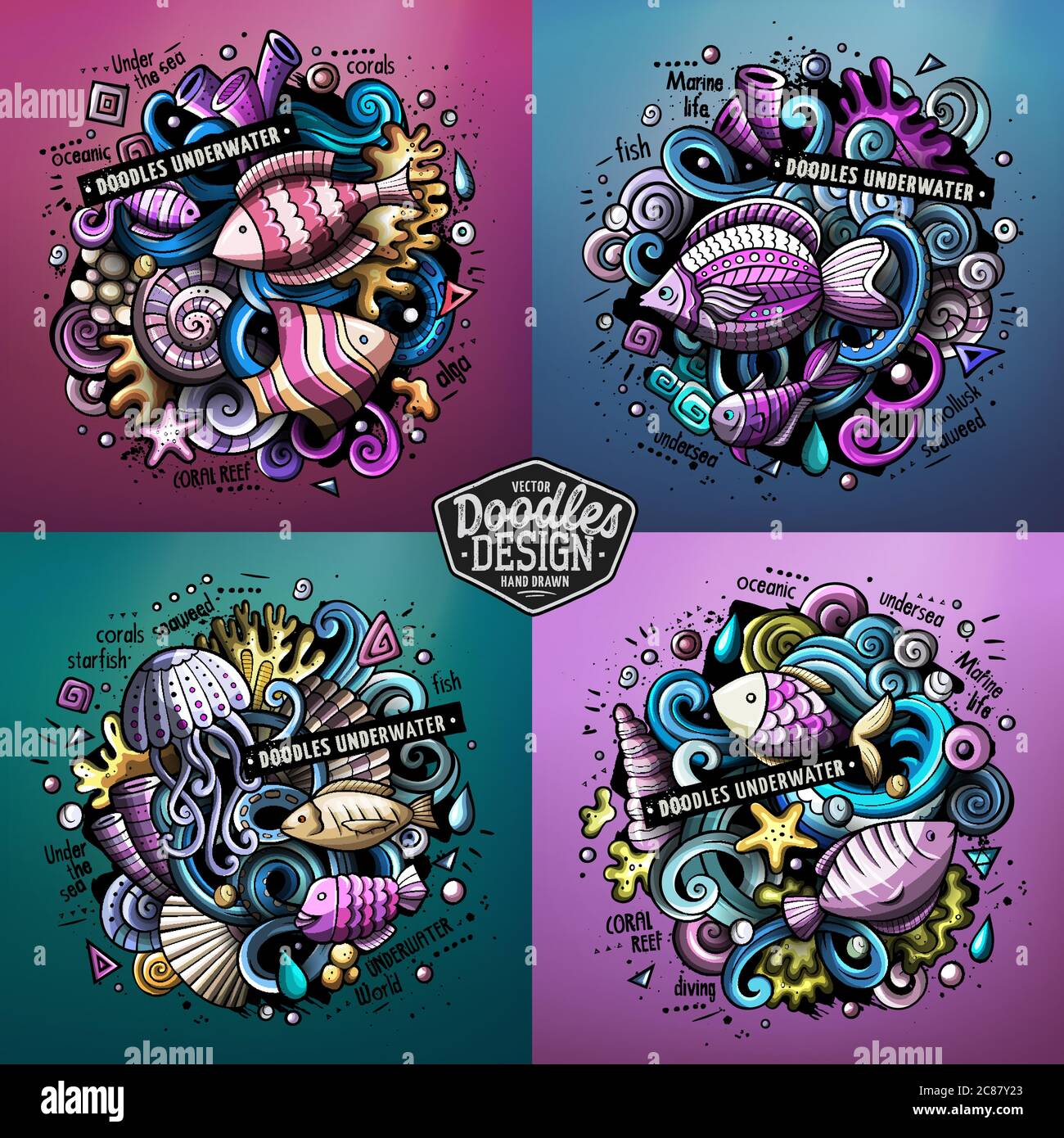 Underwater life cartoon vector doodle illustrations Stock Vector Image ...