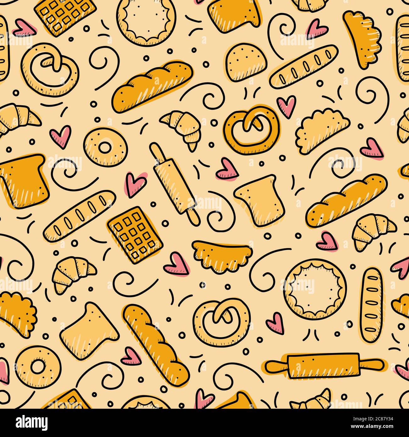 Hand drawn seamless pattern of bakery elements, bread, pastry ...