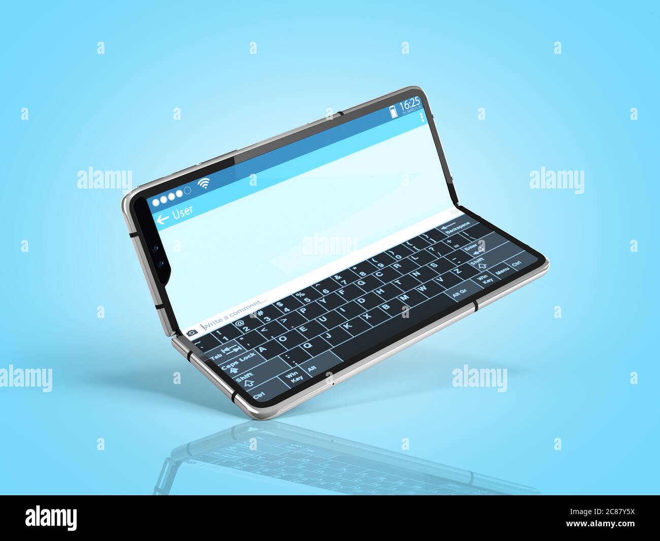 Serial flexible phone with dialog box on screen 3d render on blue Stock ...