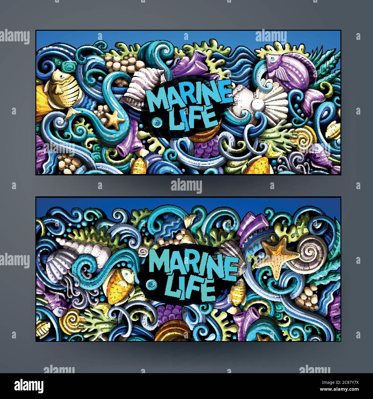 Cartoon vector hand-drawn underwater life banners Stock Vector Image ...