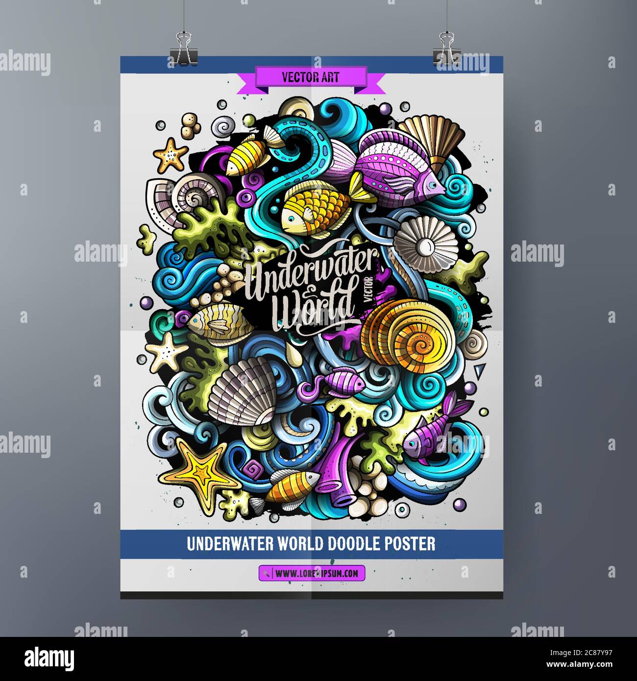 Cartoon hand drawn doodles Sea life poster design Stock Vector Image ...