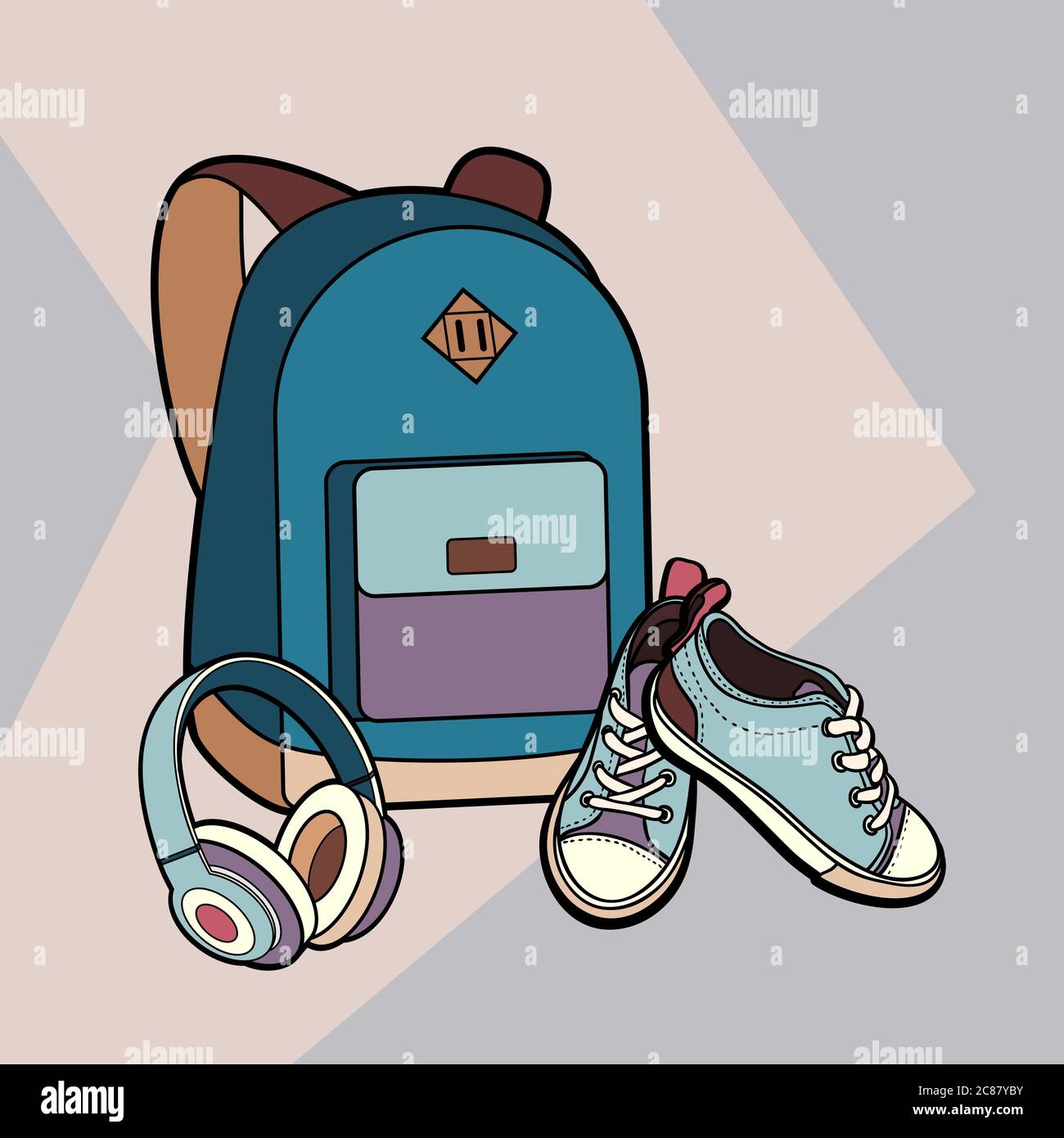 Backpack, sneakers and headphones vector isolate set. Youth fashion ...