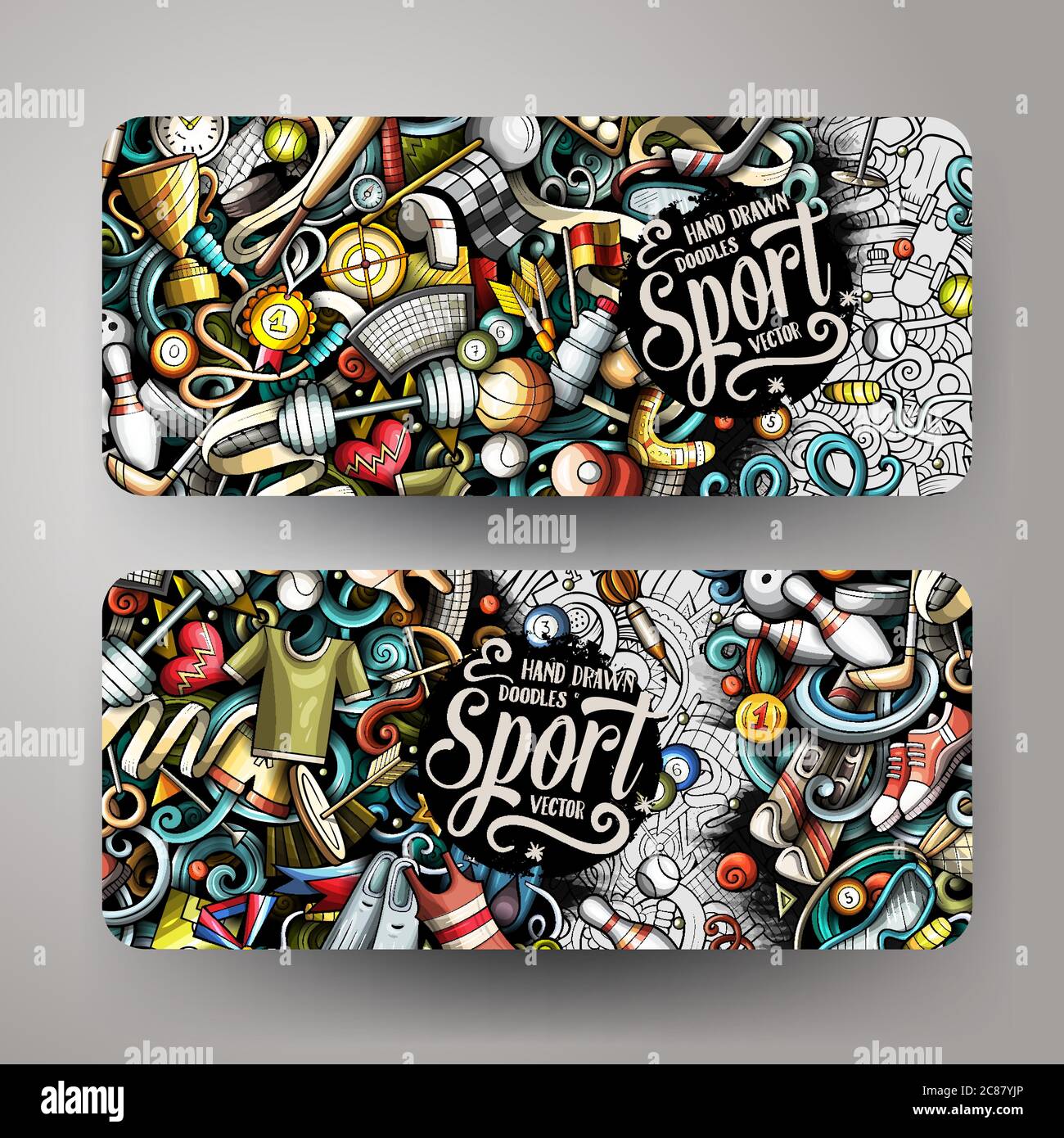 Sports hand drawn doodle banners set. Cartoon detailed flyers Stock ...