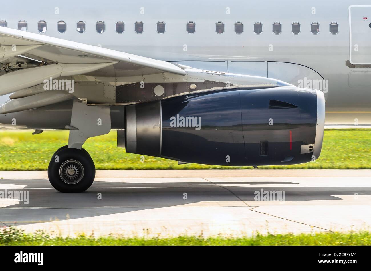 Aircraft engine on the runway before take off at the airport Stock ...