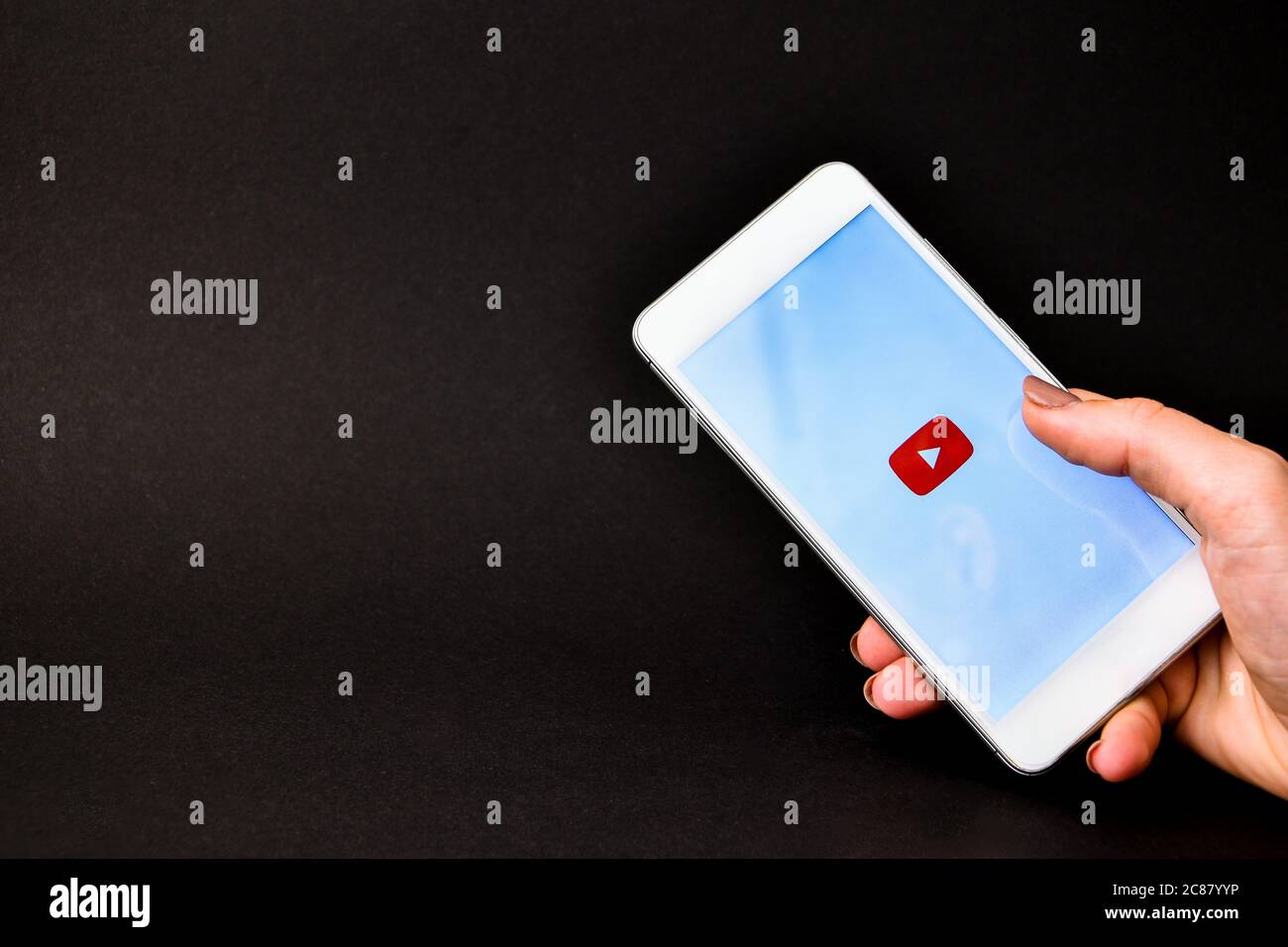 Zhytomyr Ukraine 27 June 2020. Female hand holding phone with social ...