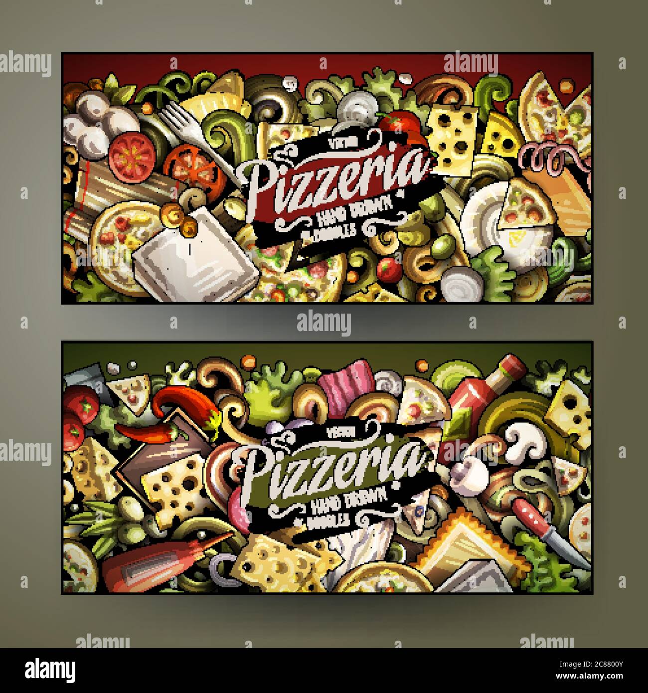 Cartoon cute colorful vector hand drawn doodles Pizzeria banners Stock ...
