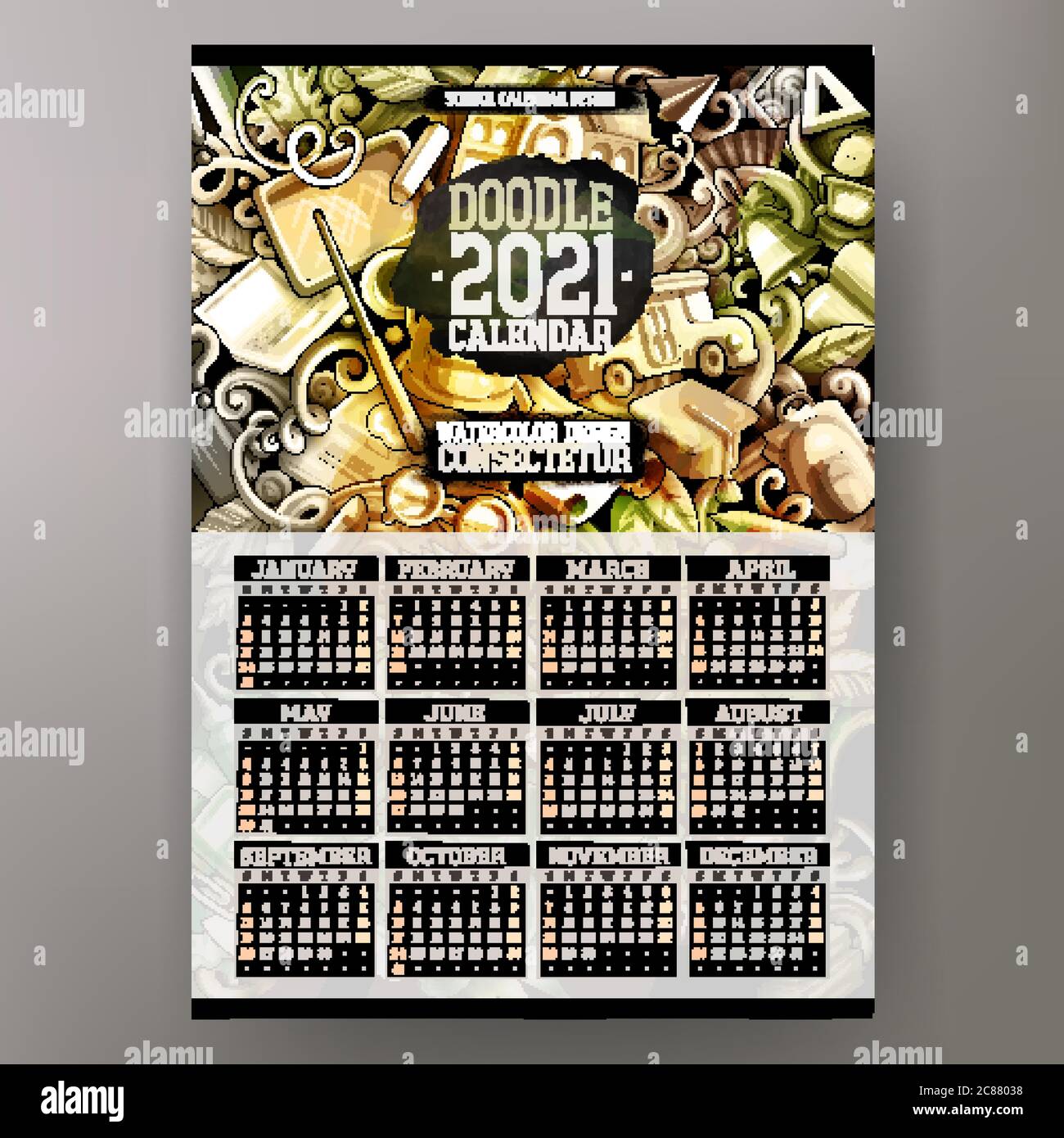 Cartoon colorful hand drawn doodles School 2021 year calendar Stock ...