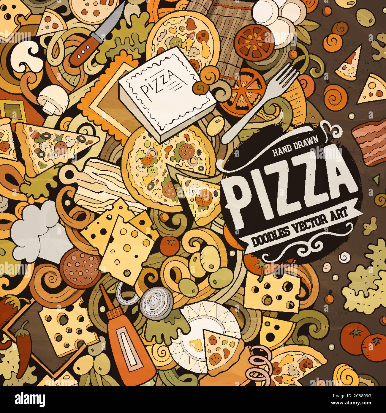 Cartoon vector doodles Pizza frame. Bright colors pizzeria funny border ...