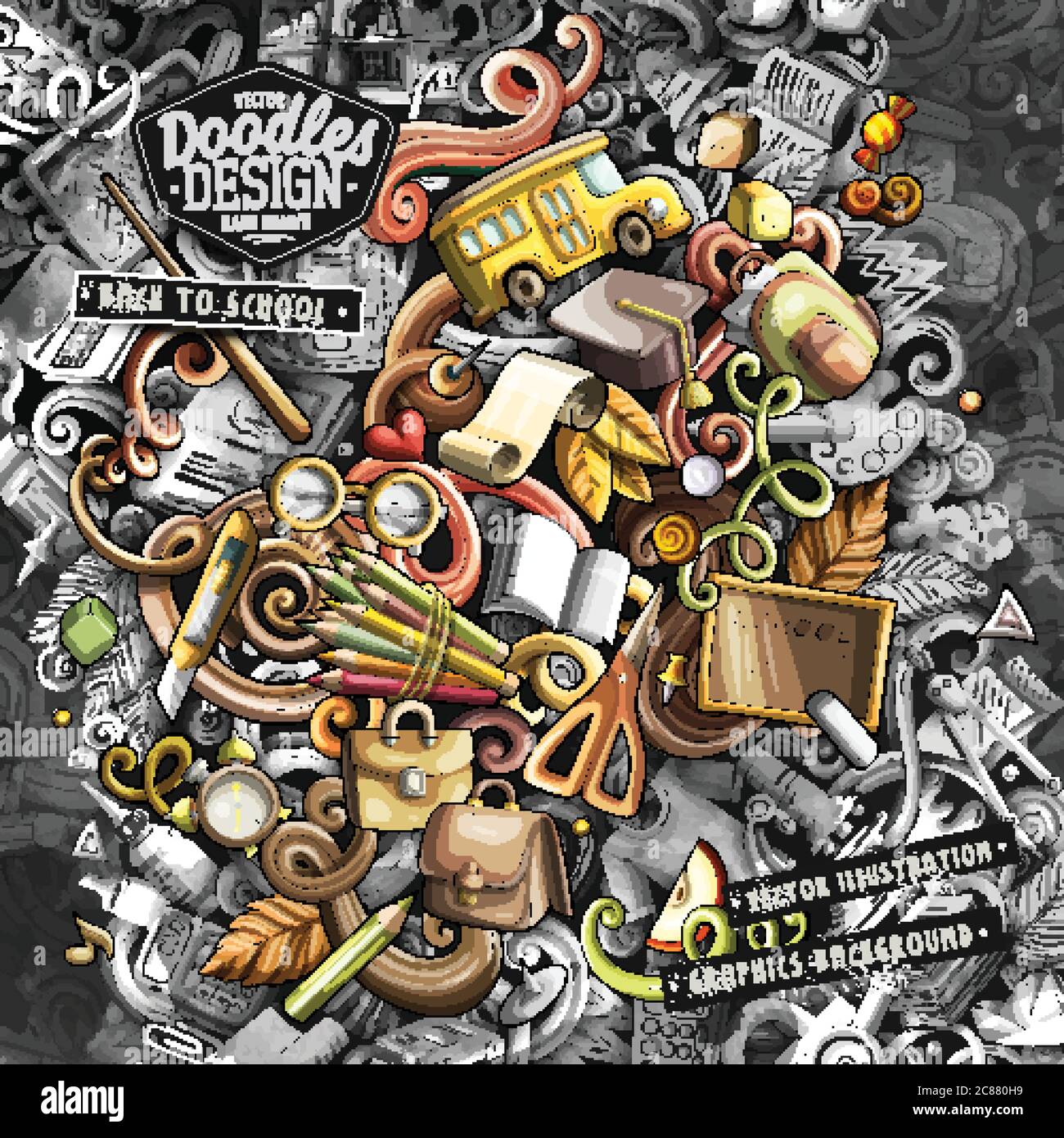 Doodles graphic Back to School vector illustration. Creative art ...