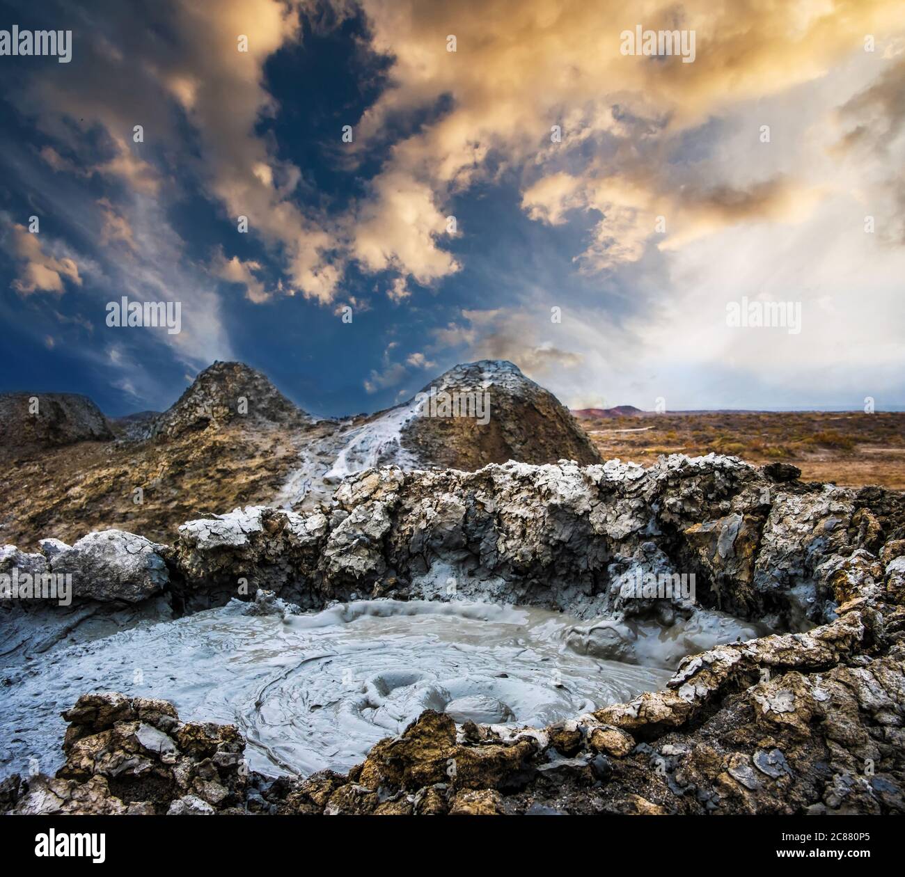 Mud volcanoes of Gobustan near Baku at sunset, Azerbaijan Stock Photo ...