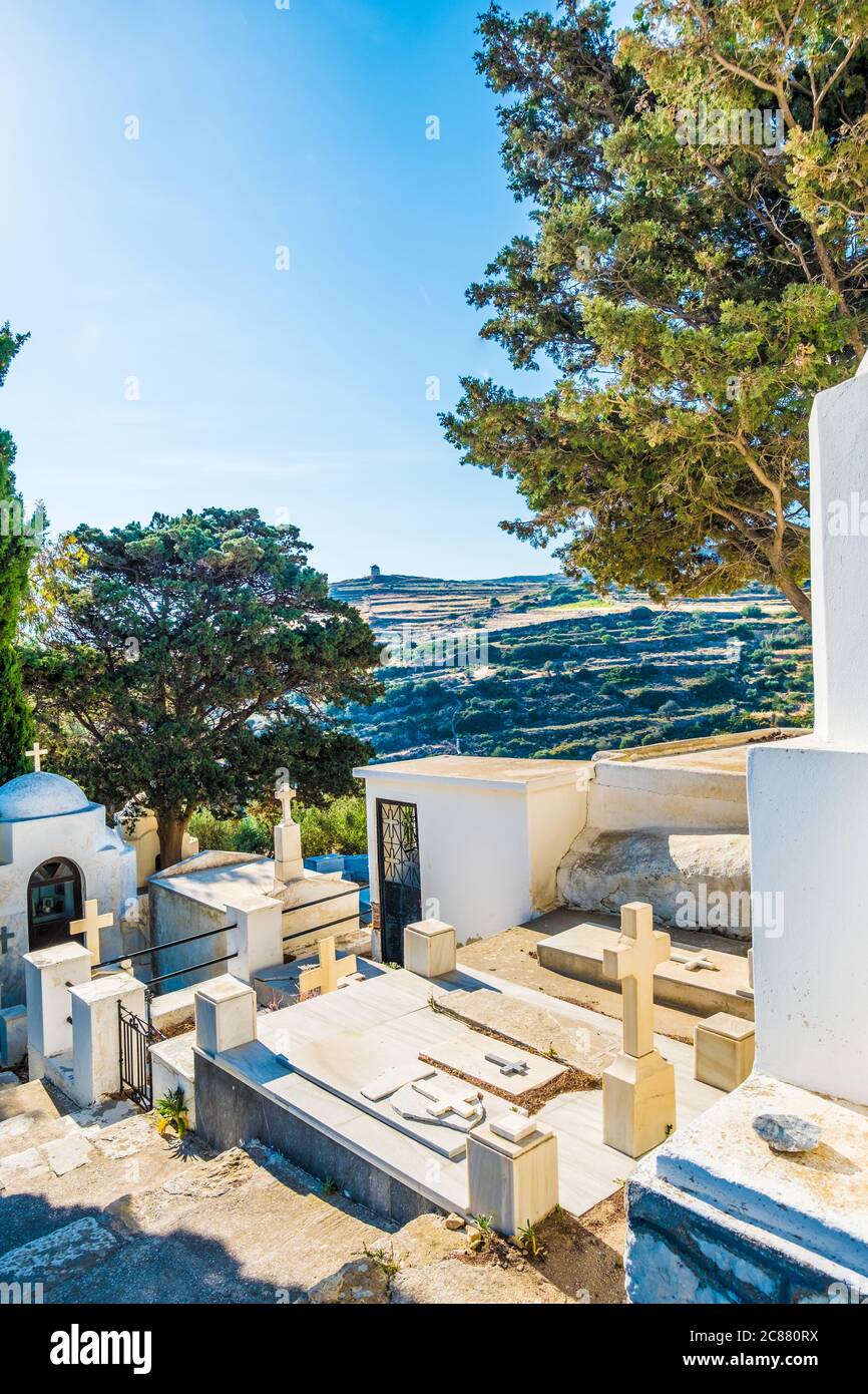 Greek orthodox graveyard. Ancient grave on the cemetery in Lefkes ...