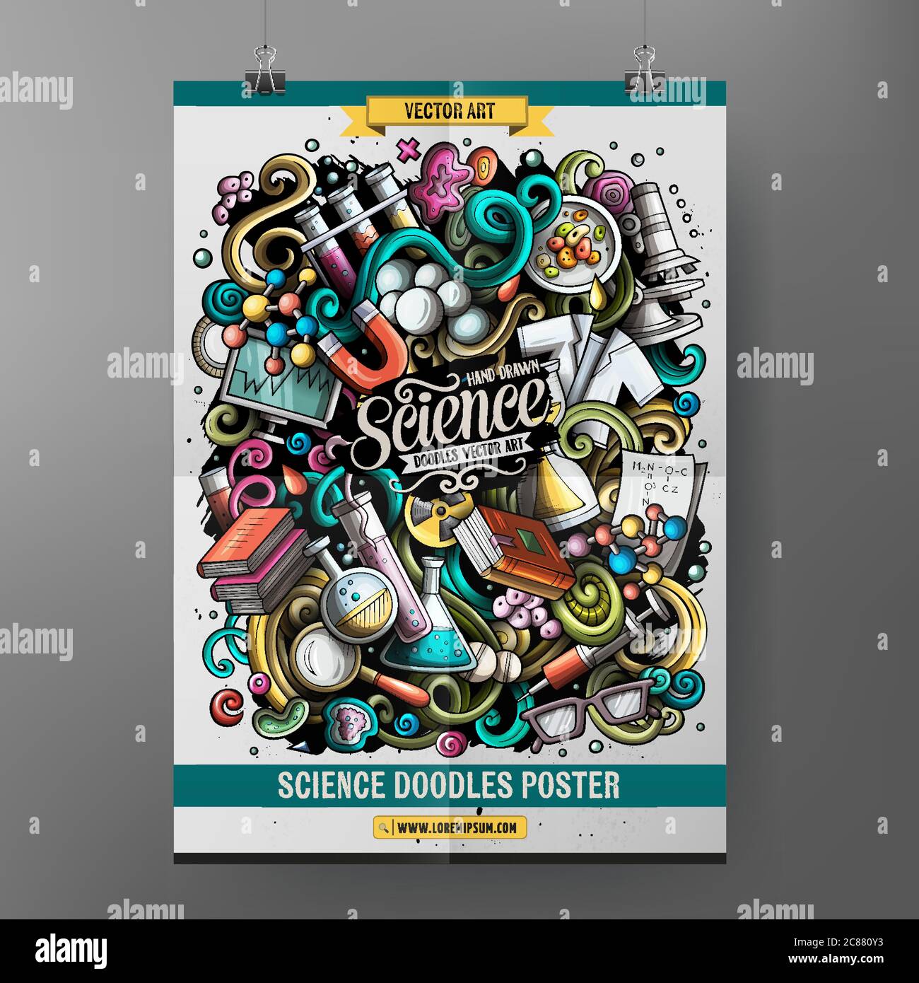 Cartoon colorful hand drawn doodles Science poster template Stock ...