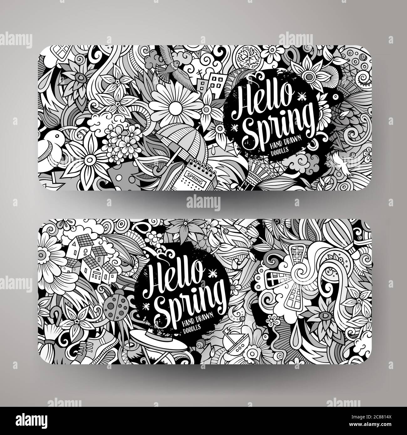 Cartoon cute colorful vector hand drawn doodles Spring season banners ...
