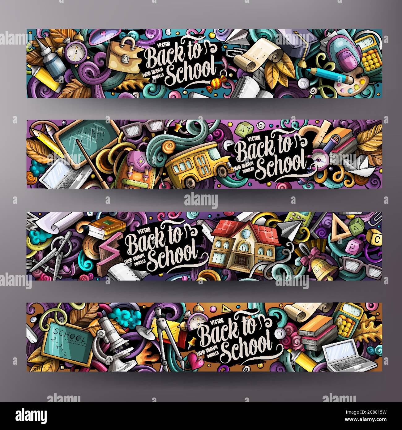 Cartoon cute colorful vector hand drawn doodles School banners Stock ...