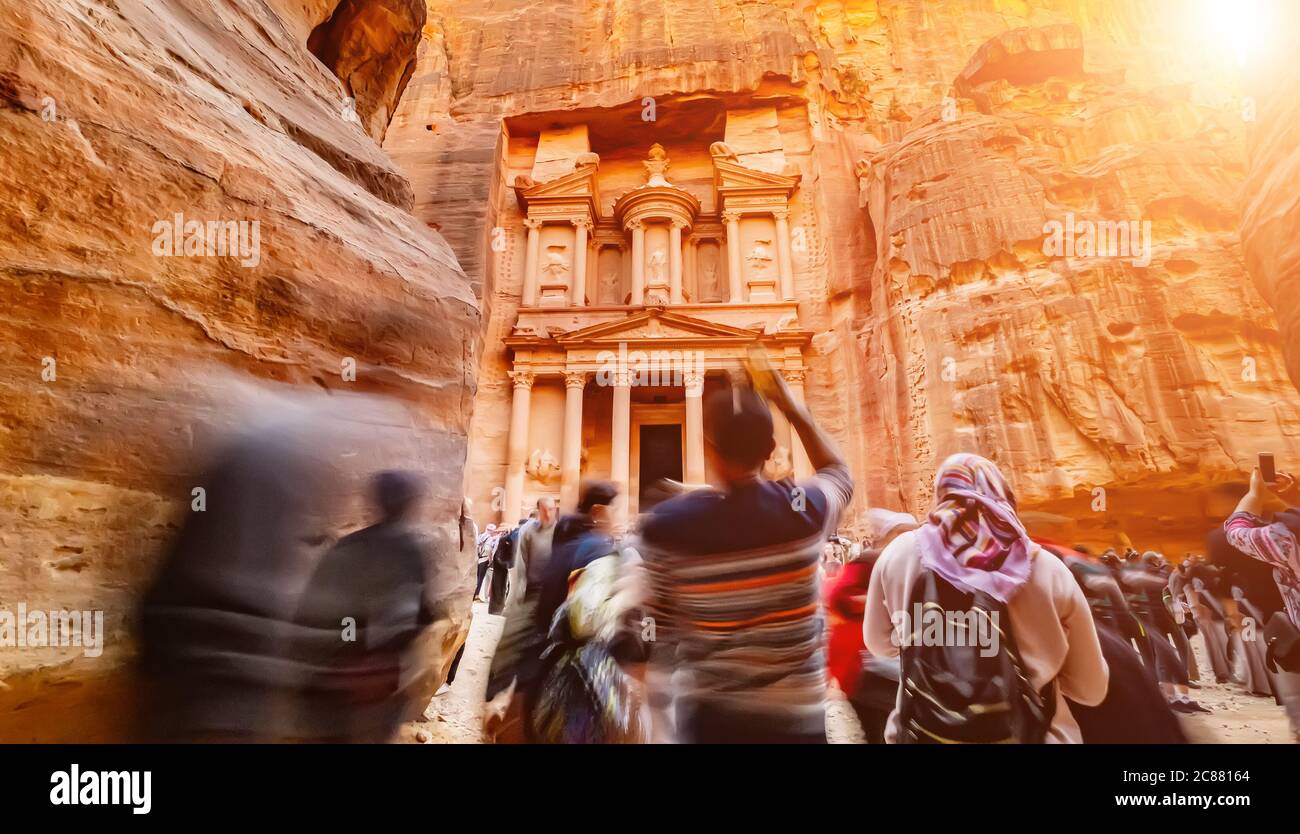 Large interesting tourist complex of the ancient city of Petra with ...