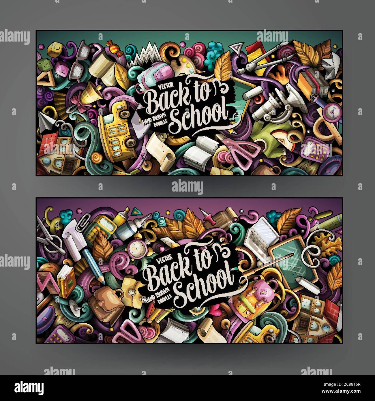 Cartoon cute colorful vector hand drawn doodles School banners Stock ...