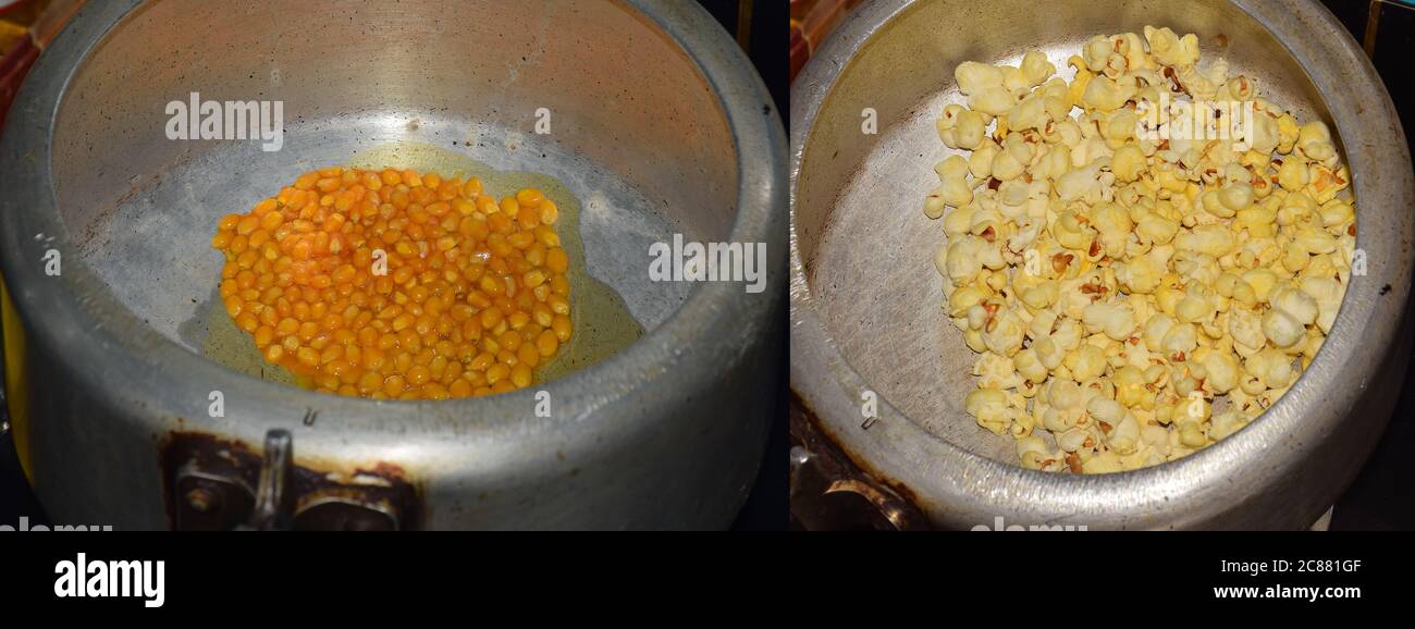 Process of making Popcorn before and after shot merged Stock Photo - Alamy