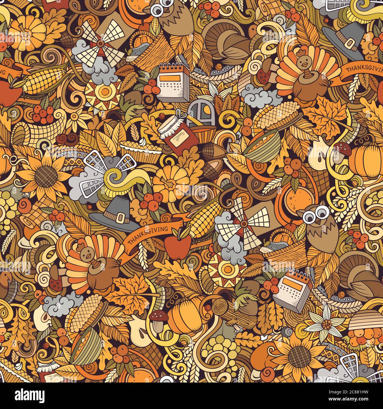 Cartoon cute doodles hand drawn Happy Thanksgiving seamless pattern ...