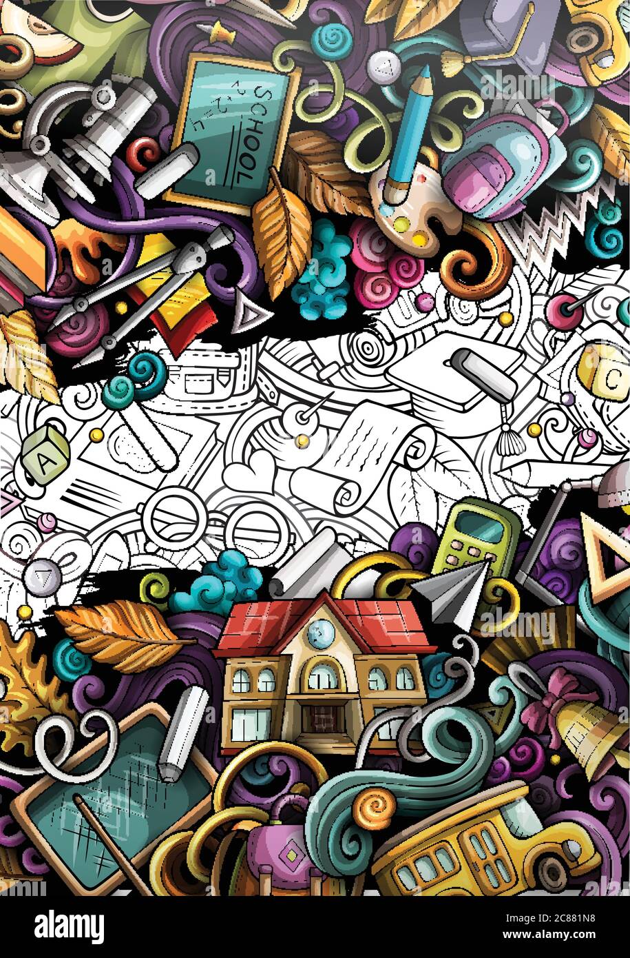 Cartoon cute colorful hand drawn doodles School background Stock Vector ...