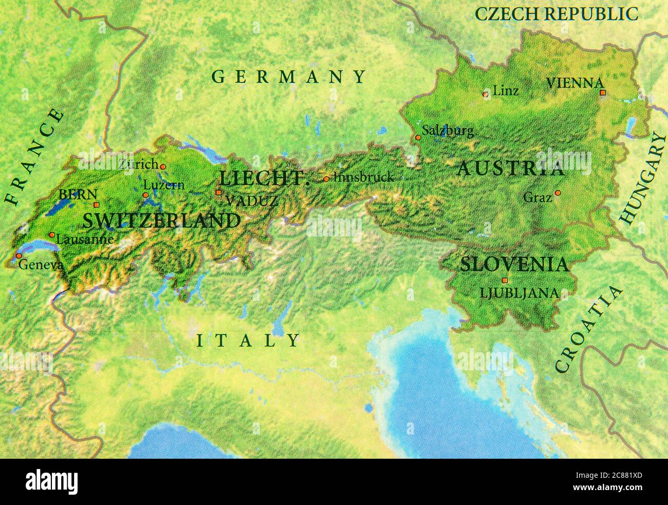 Geographic map of European country Austria, Slovenia and Switzerland ...