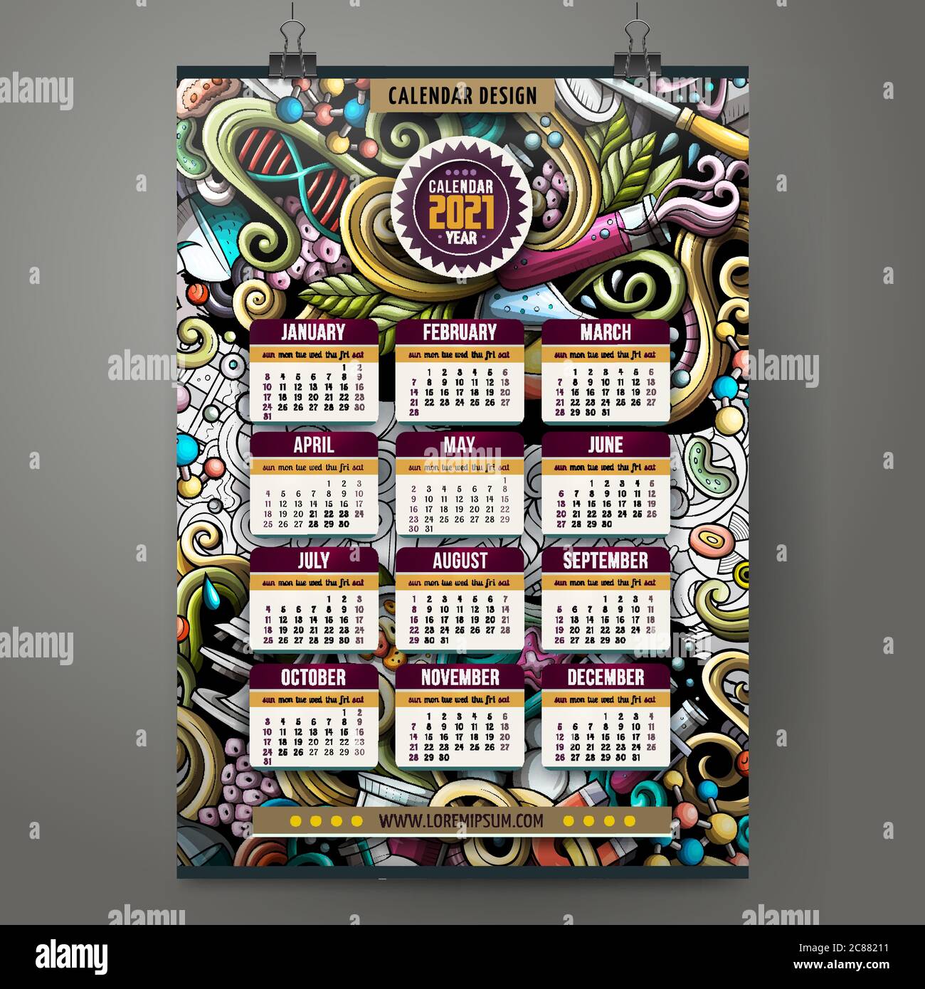 Cartoon colorful hand drawn doodles Science 2021 year calendar template ...