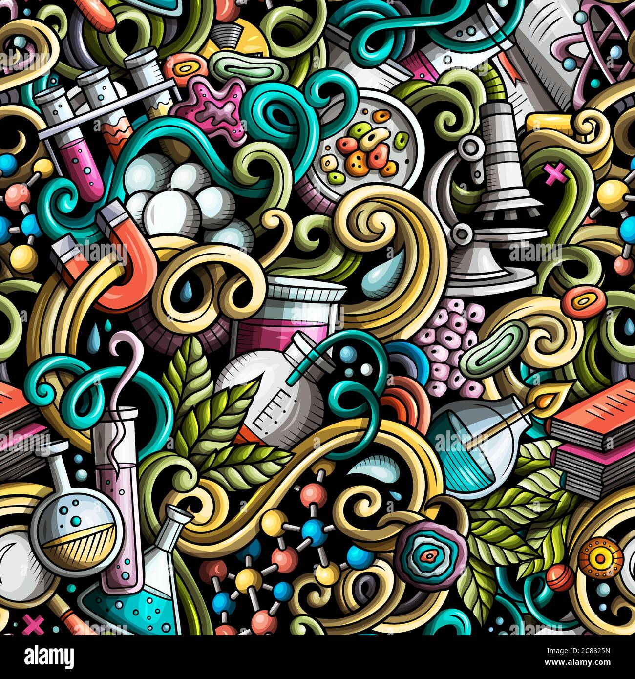 Cartoon cute doodles hand drawn Science seamless pattern Stock Vector ...