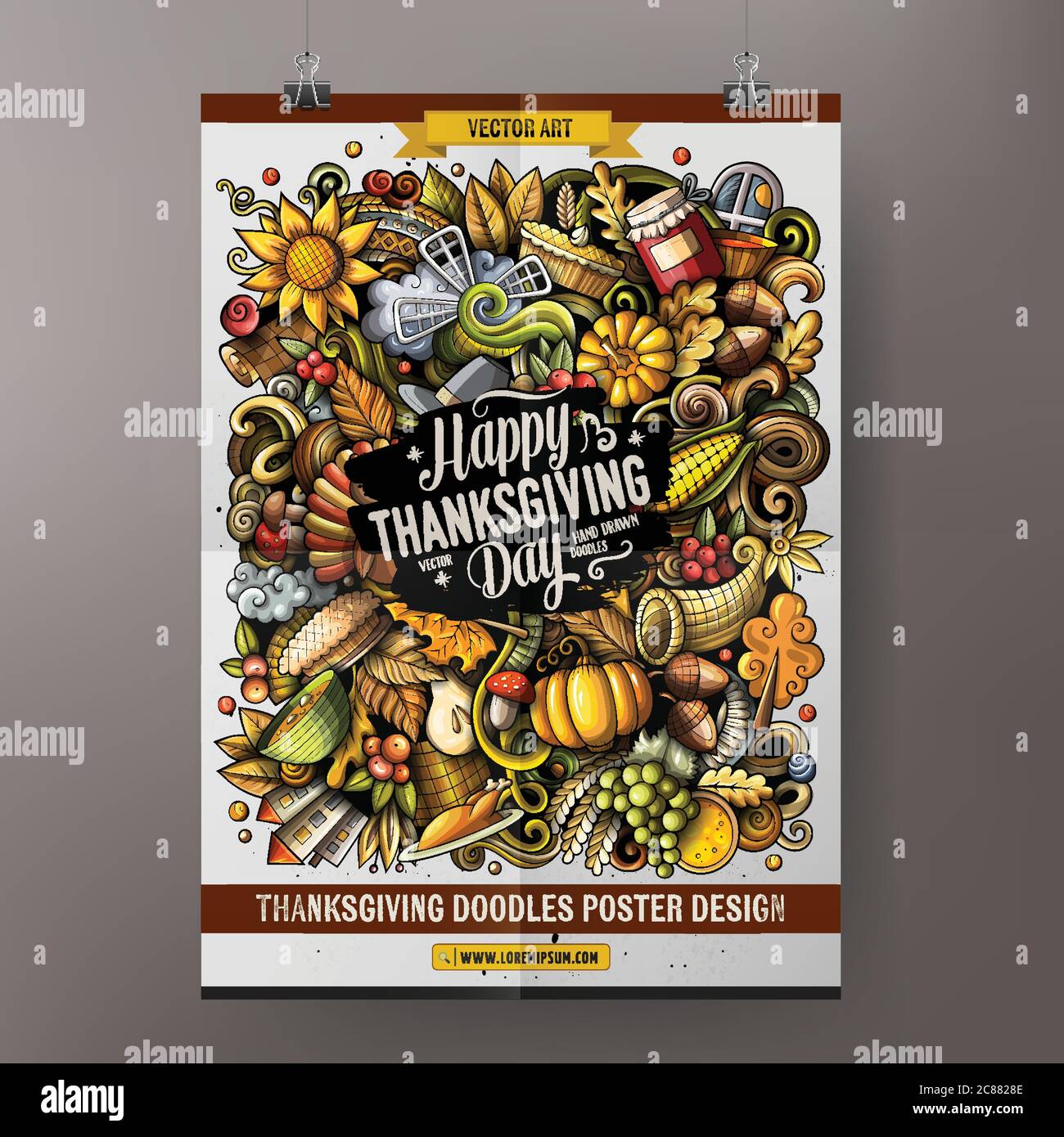 Cartoon colorful hand drawn doodles Happy Thanksgiving poster template ...