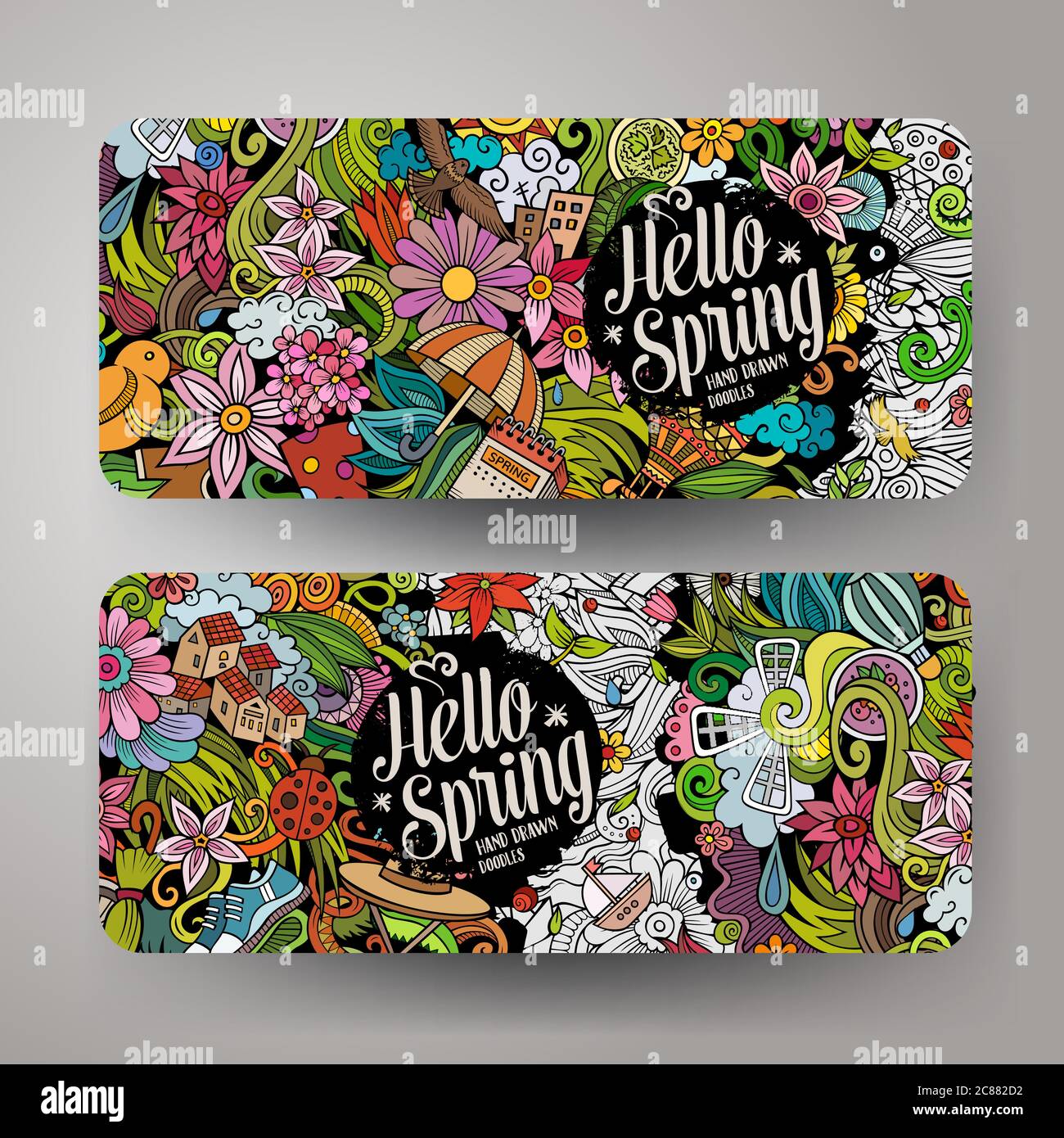 Cartoon cute colorful vector hand drawn doodles Spring season banners ...