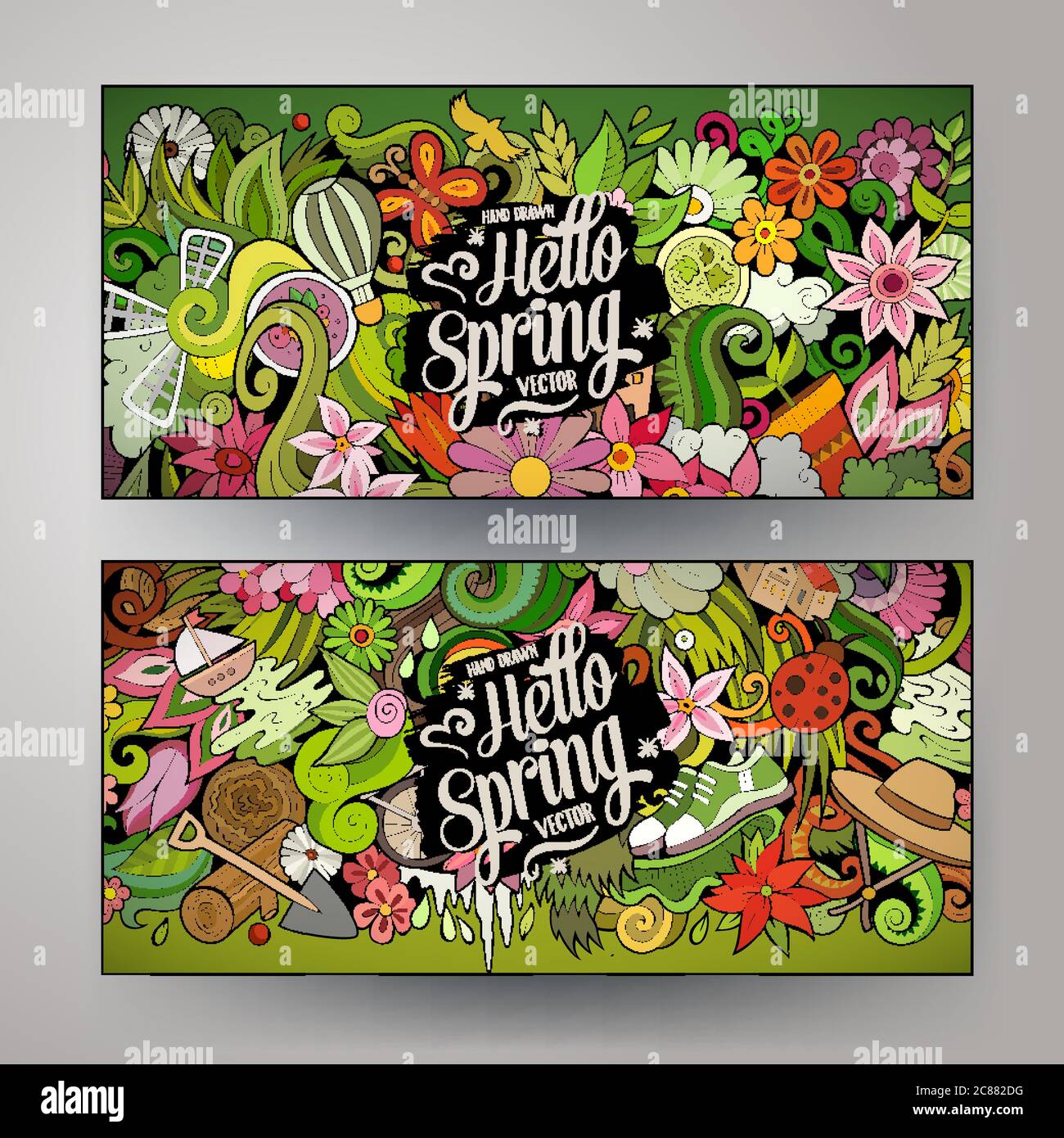 Cartoon cute colorful vector hand drawn doodles Spring season banners ...