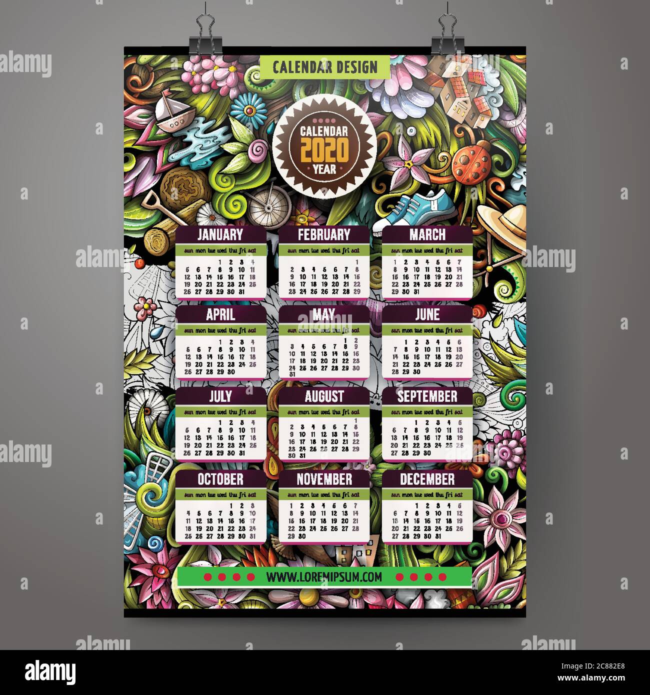 Cartoon colorful hand drawn doodles Spring 2020 year calendar Stock ...