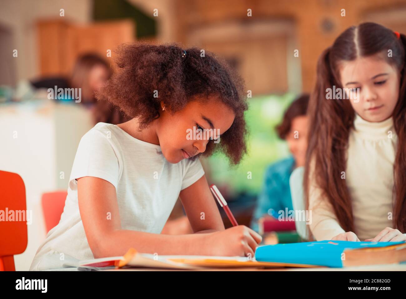 Attentive girl is concentrated on writing her assignment Stock Photo ...