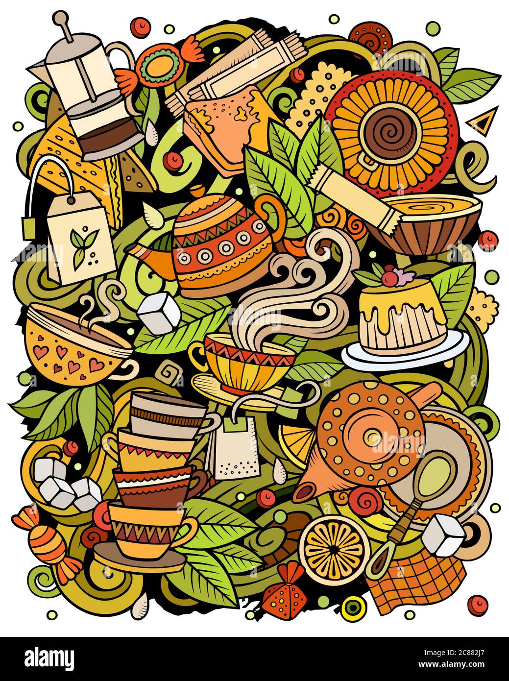 Cartoon vector doodles Tea time illustration. Bright colors Cafe funny ...